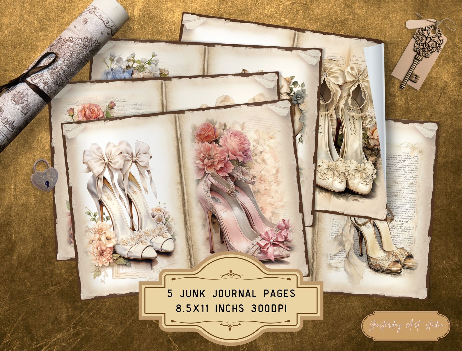 Vintage Wedding Shoes Junk Journal Pages Ephemera Digital Scrapbook ...