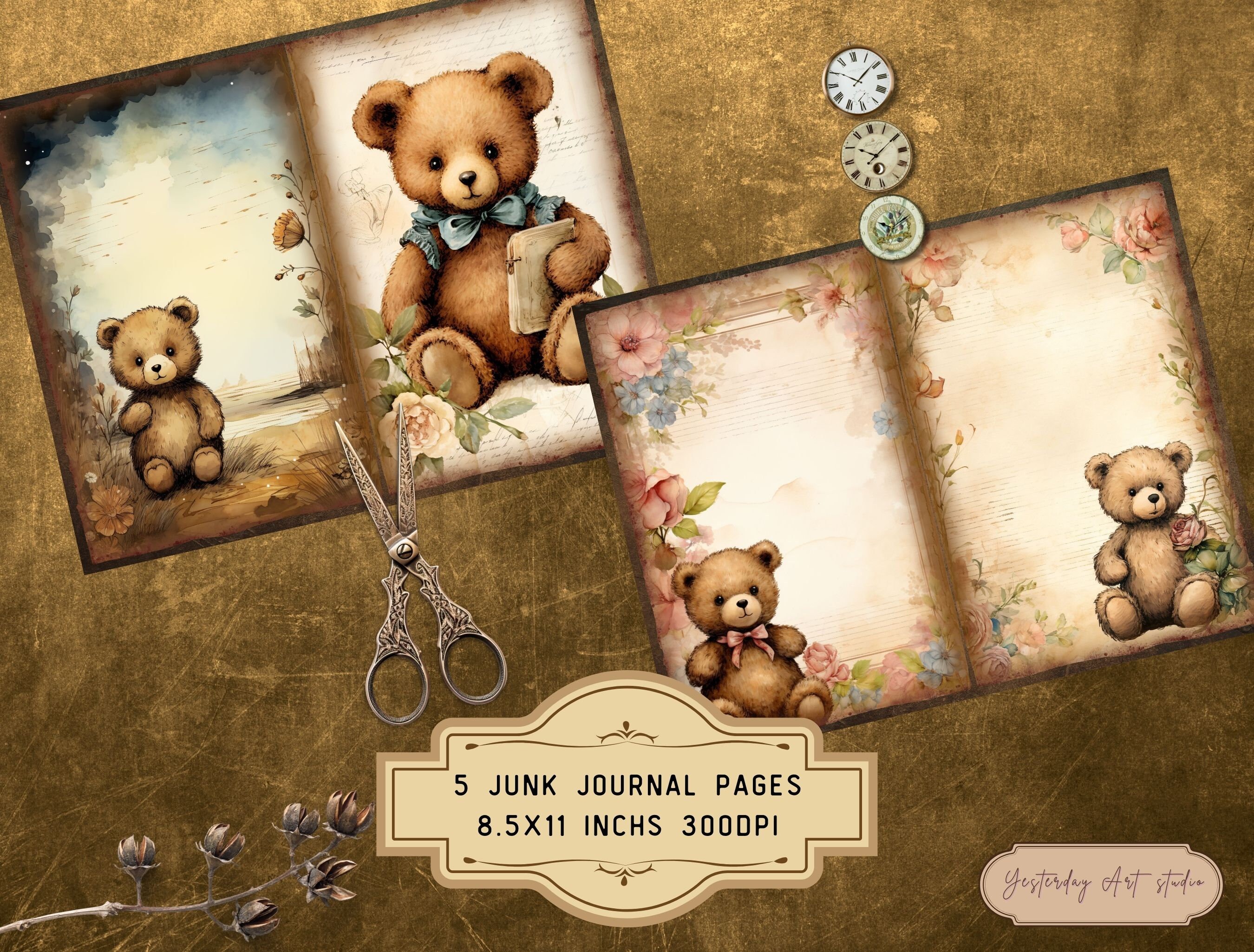 Junk Journal Printable Bears Pages Bear Ephemera Digital Scrapbook ...