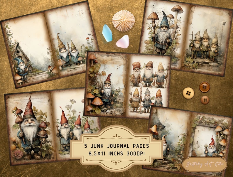 Gnome Junk Journal Pages Ephemera Digital Scrapbook Paper Kit Collage ...