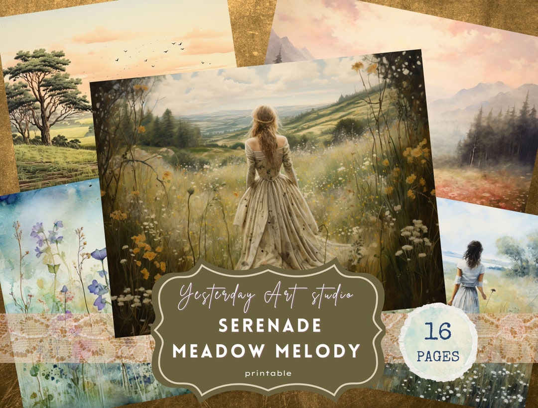 Serene Meadow Junk Journal Pages Ephemera Digital Scrapbook Paper Kit Collage Meadow Melodies ...