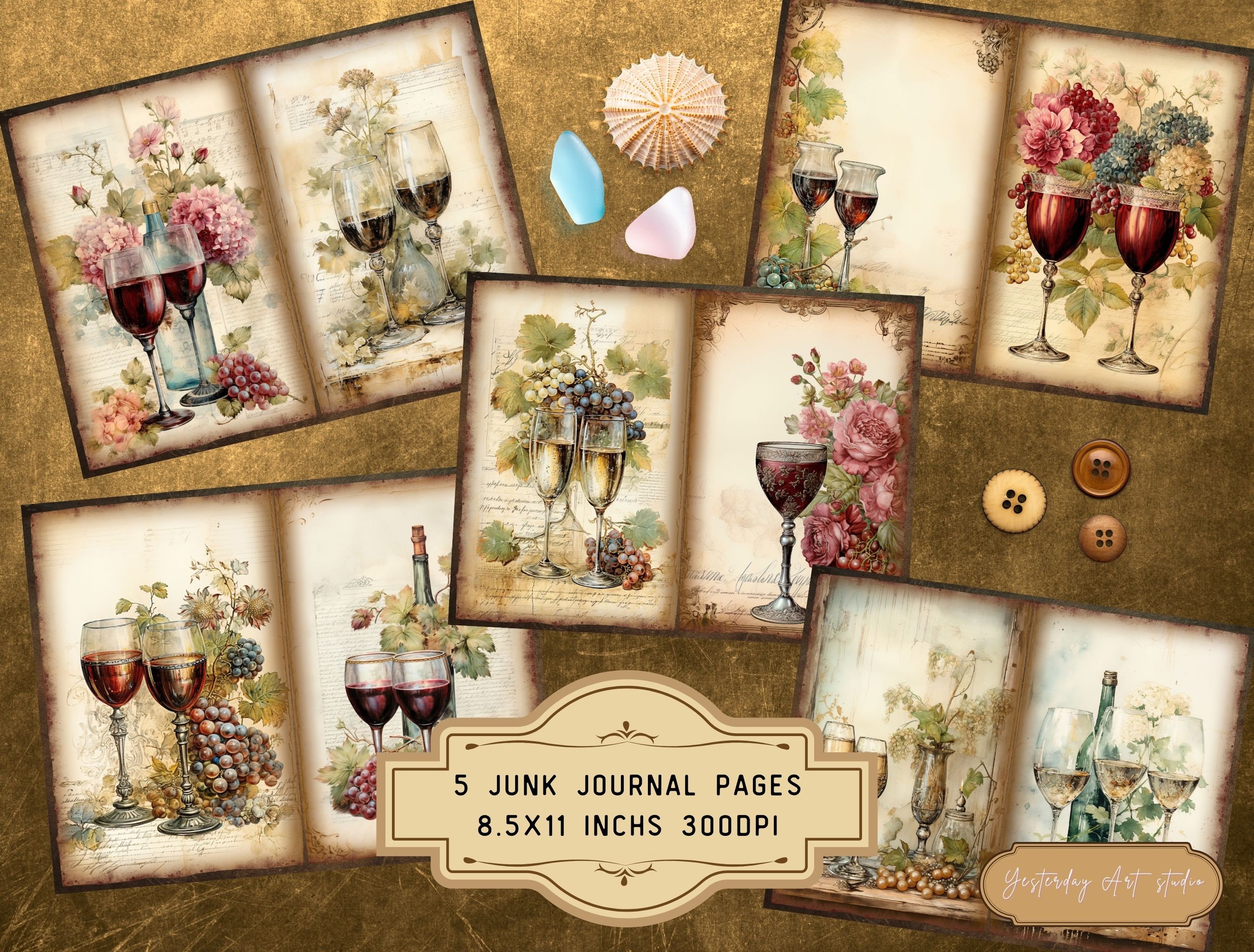Vintage Wine Glasses Junk Journal Pagers Ephemera Digital Scrapbook ...