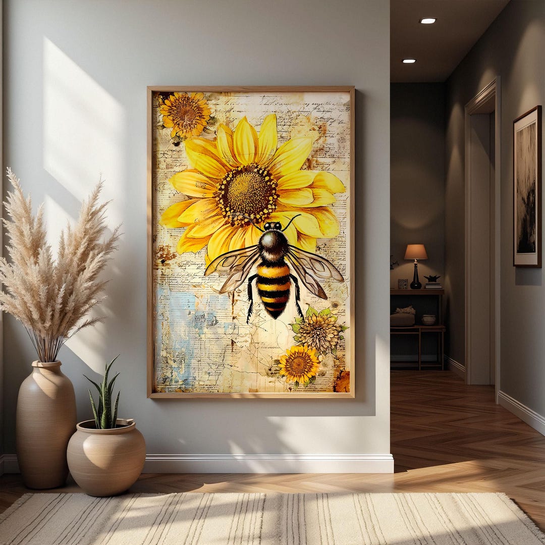 Sunflower and Bee Watercolor PRINTABLE Wall Art Bee Sunflower Wall ...