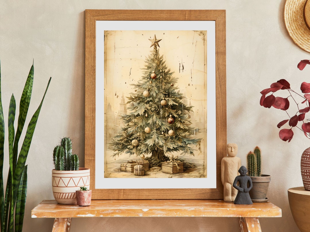 Vintage Christmas Tree Wall Art Printable Christmas Wall Art Decorated ...
