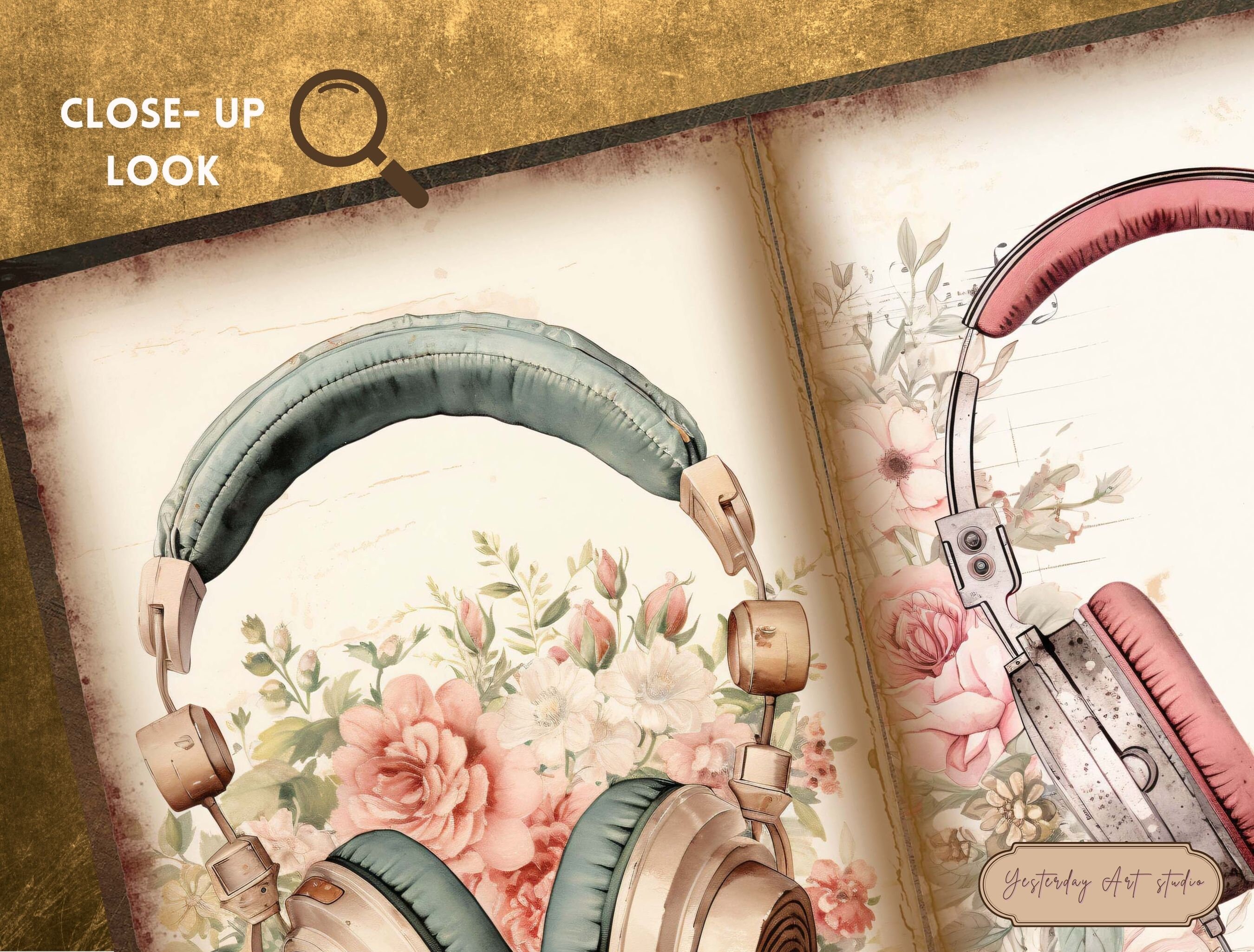 Headphone Junk Journal Pages Ephemera Digital Scrapbook Paper Kit ...