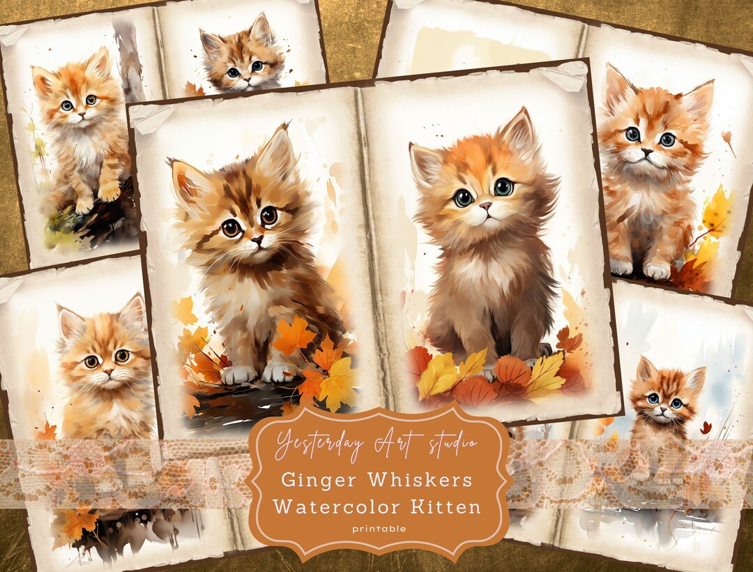 Watercolor Autumn Kitten Junk Journal Pages Ephemera Digital Scrapbook ...