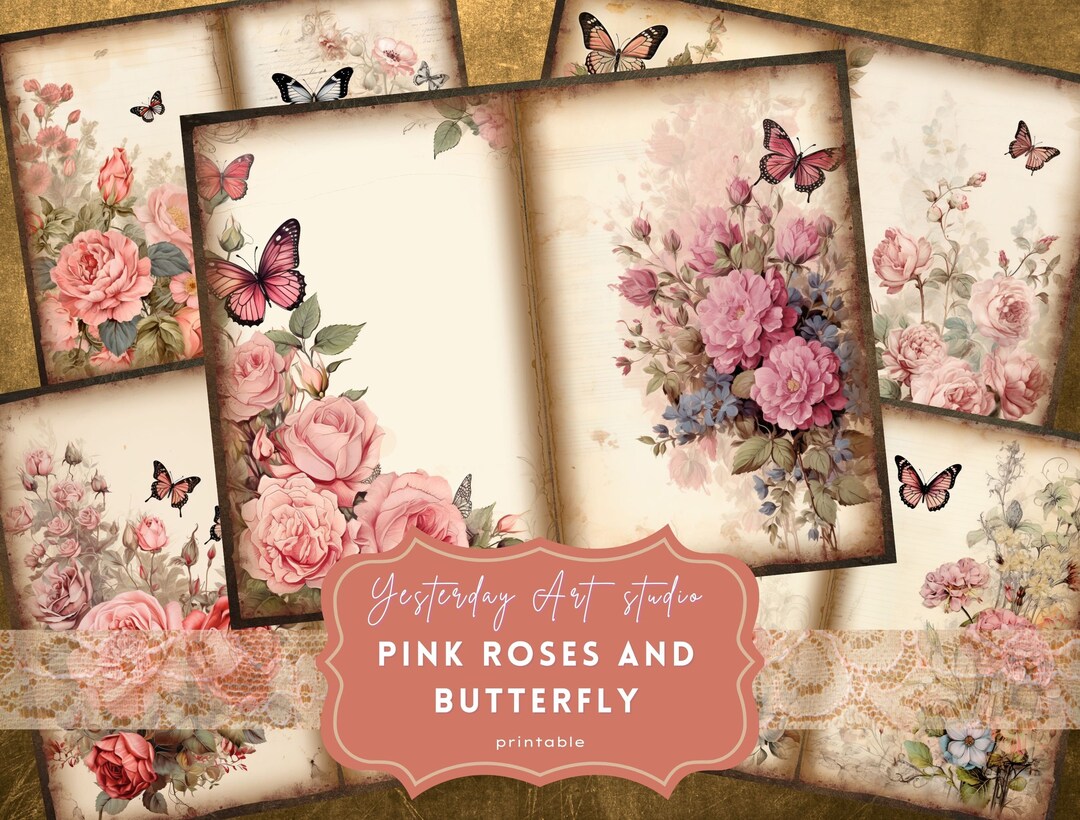 Pink Rose and Butterflies Junk Journal Paper Digital Scrapbook Paper ...