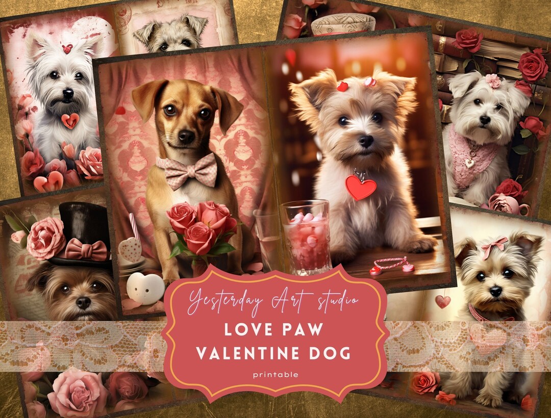 Valentine Dog Junk Journal Page Ephemera Digital Scrapbook Valentine ...