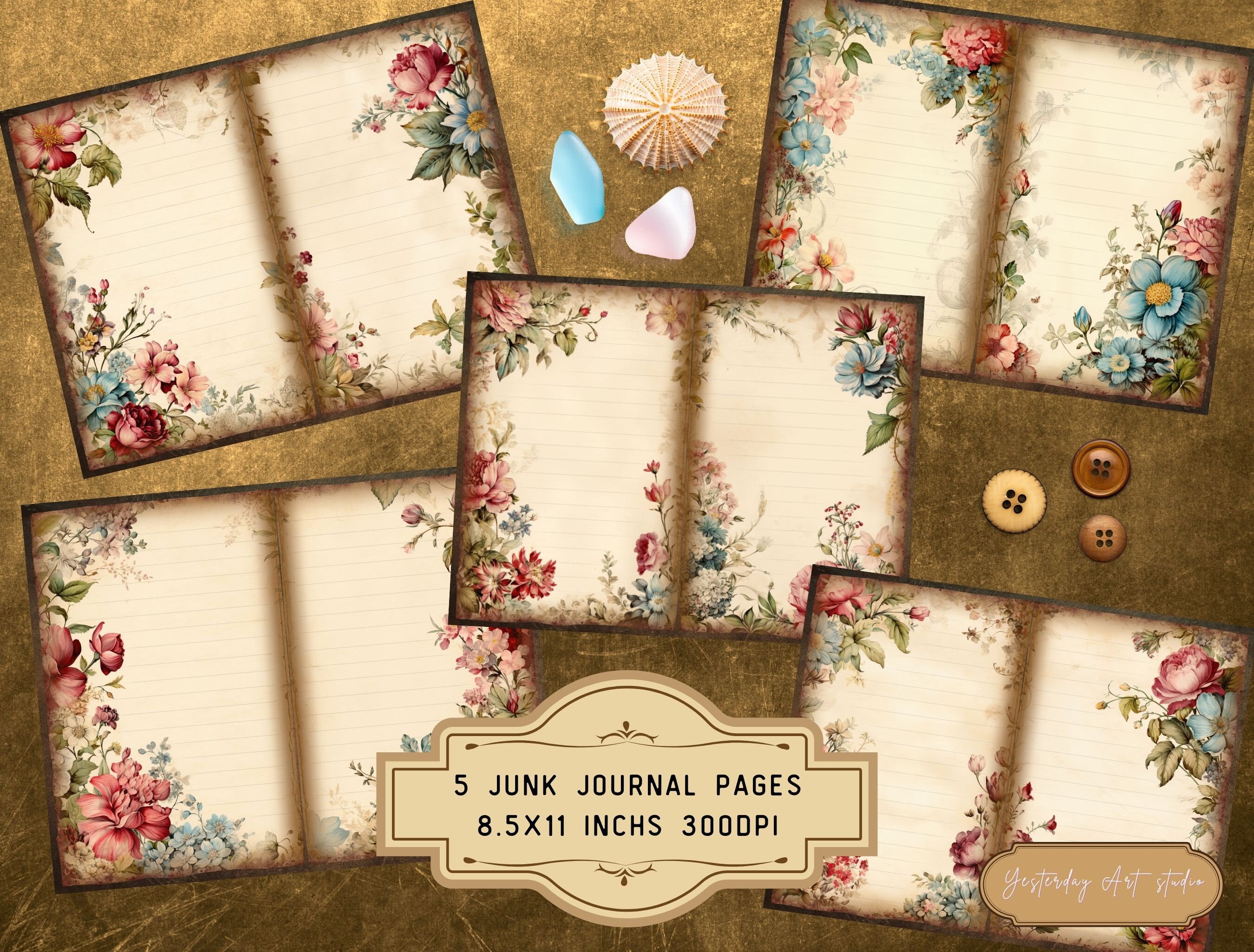 Vintage Floral Journal Pages Shabby Junk Journal Kit Line Blank Papers ...