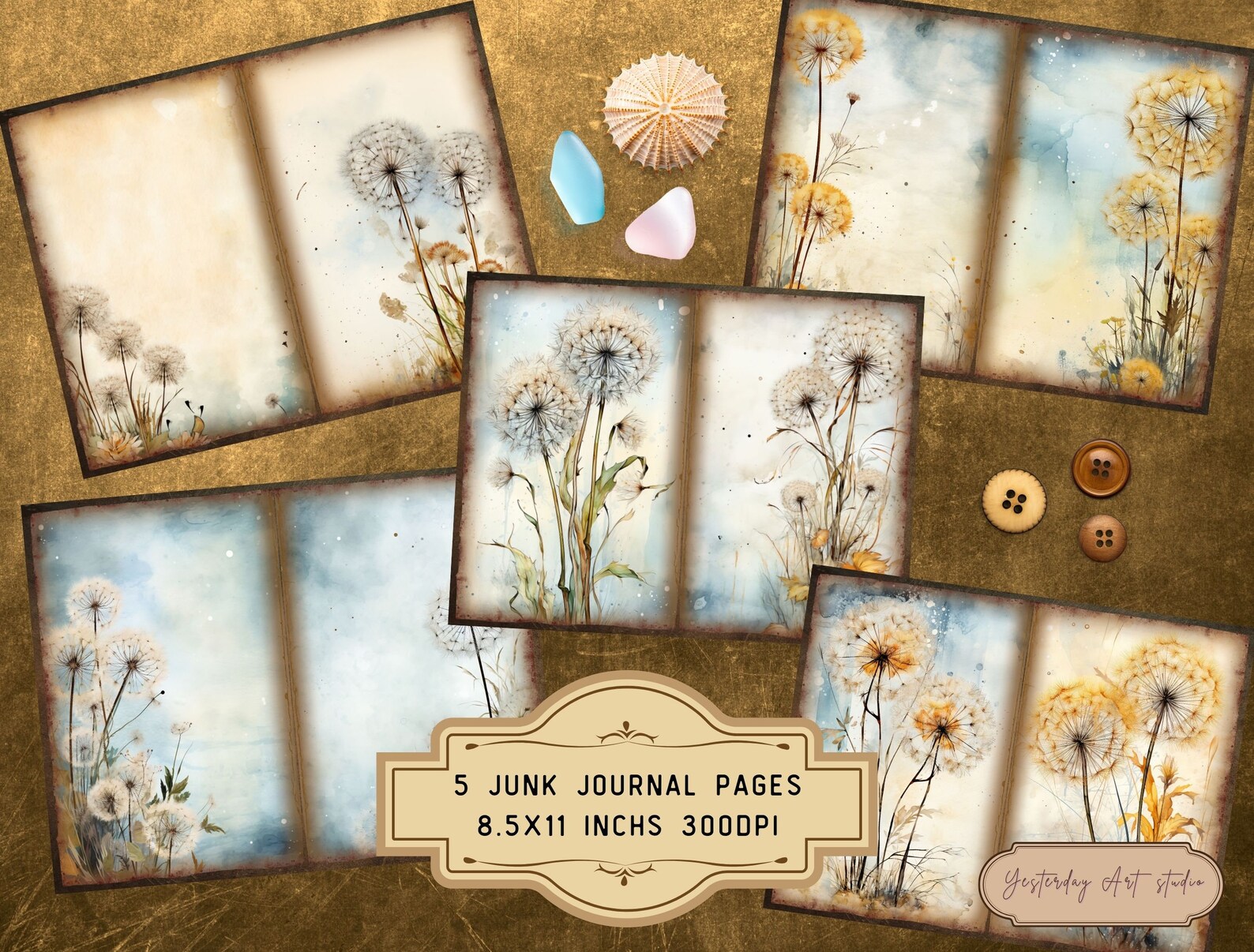 Dandelion Junk Journal Pages Ephemera Digital Scrapbook Paper Kit ...