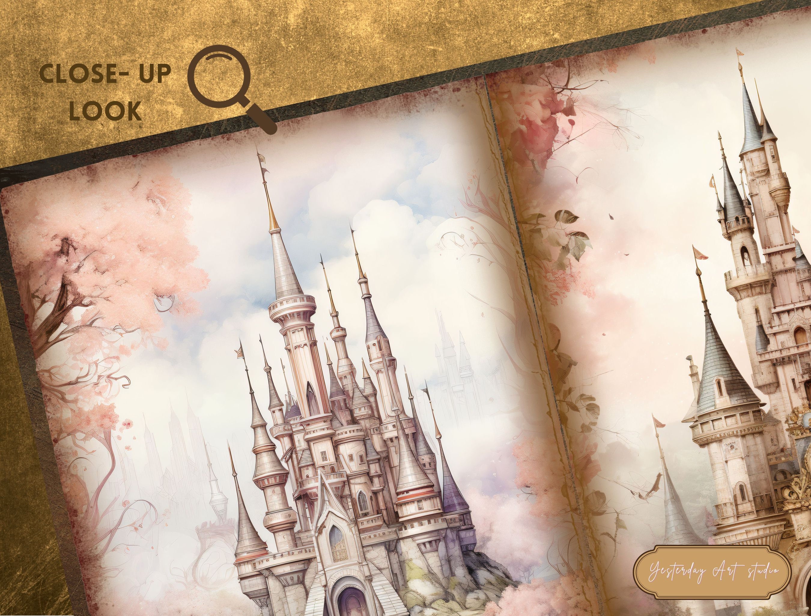 Pink Fantasy Castle Junk Journal Pages Ephemera Digital Scrapbook Paper ...