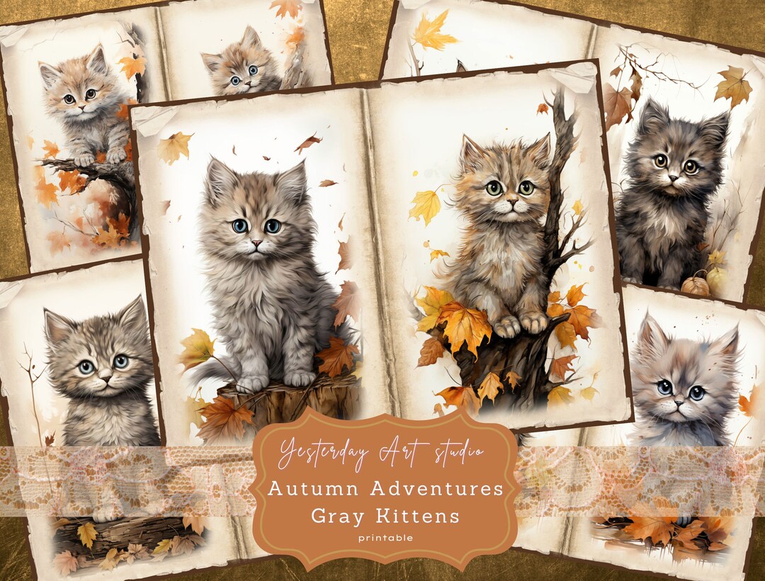 Autumn Kitten Junk Journal Pages Digital Scrapbook Paper Kit Vintage ...