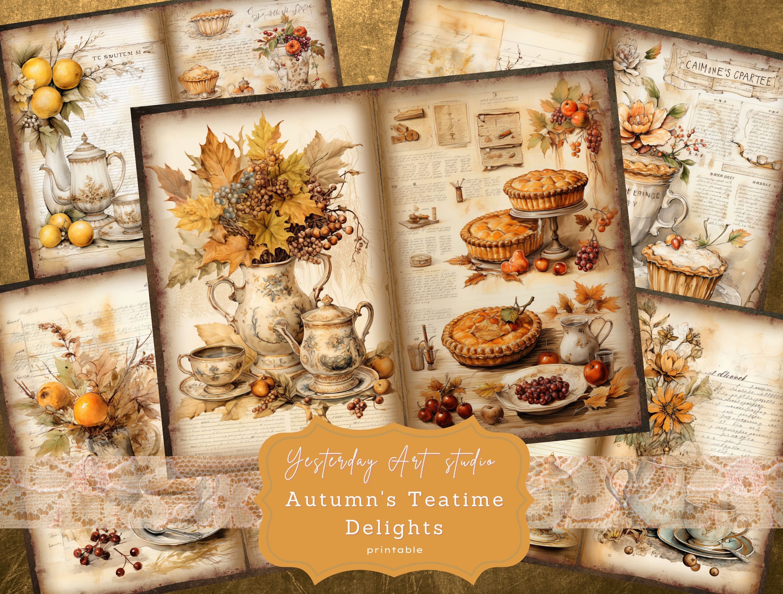Autumn Afternoon Tea Junk Journal Pages Digital Scrapbook Paper Kit ...
