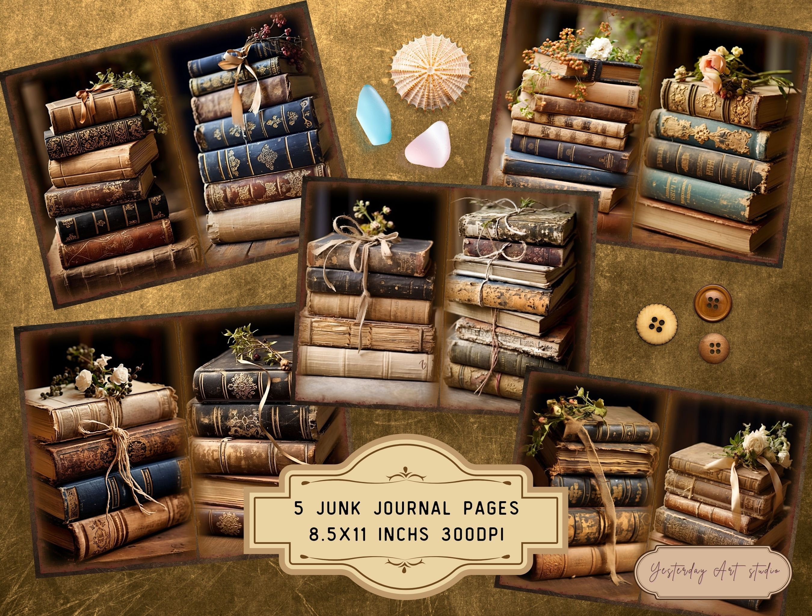 Stack of Books Junk Journal Pages Book Ephemera Digital Scrapbook Paper ...