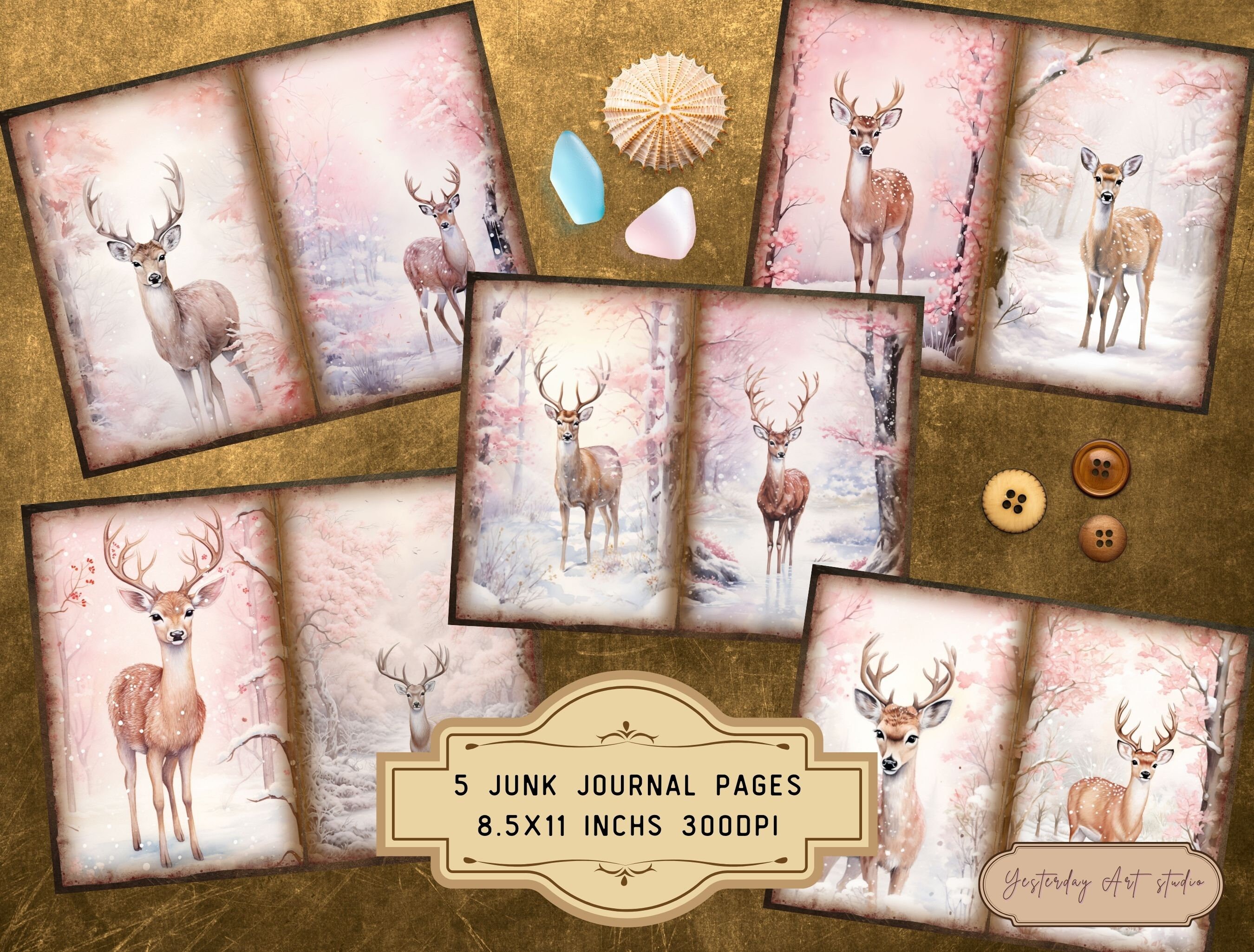 Pink Winter Deer Junk Journal Pages Winter Ephemera Digital Scrapbook ...