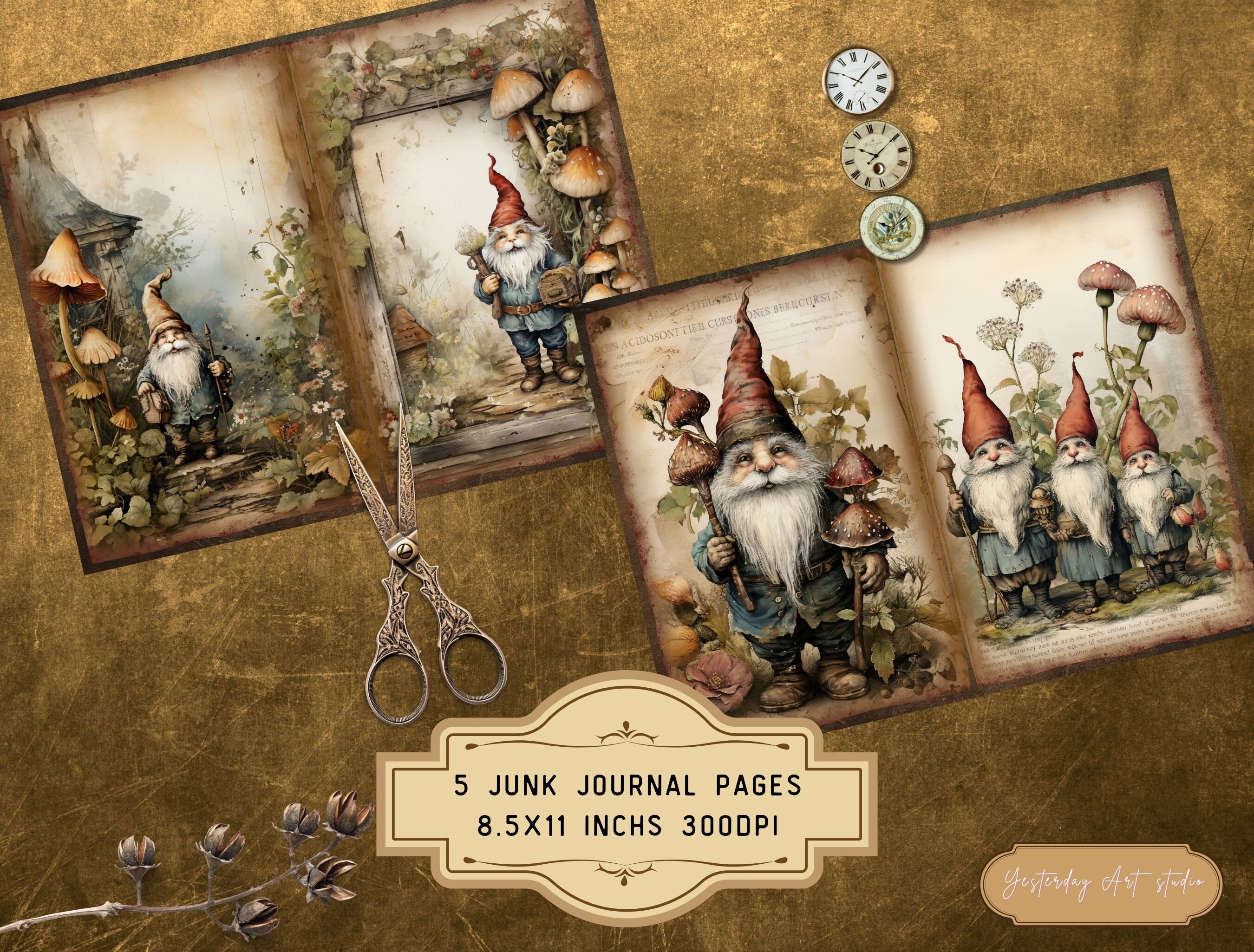 Gnome Junk Journal Pages Ephemera Digital Scrapbook Paper Kit Collage Gnome Junk Journal Kit ...