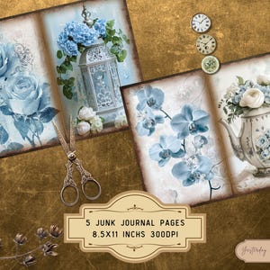 Dreamy Vintage Floral Junk Journal Kit Blue and Silver Flowers Ephemera ...