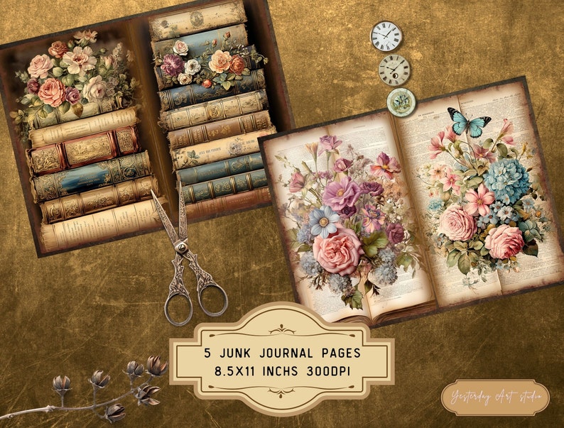 Vintage Book Junk Journal Pages Ephemera Digital Scrapbook Paper Kit ...