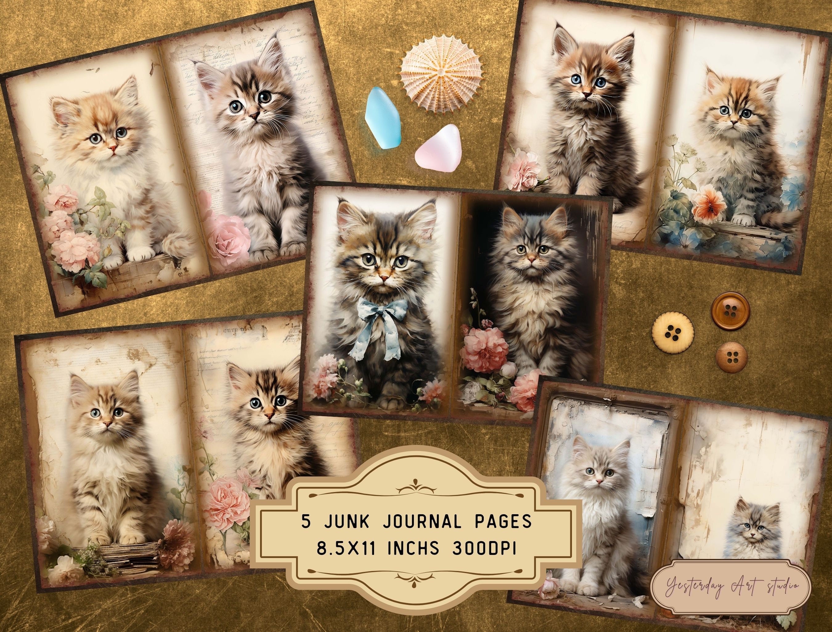 Cat Junk Journal Pagers Digital Scrapbook Paper Kit Ephemera Cat Junk ...