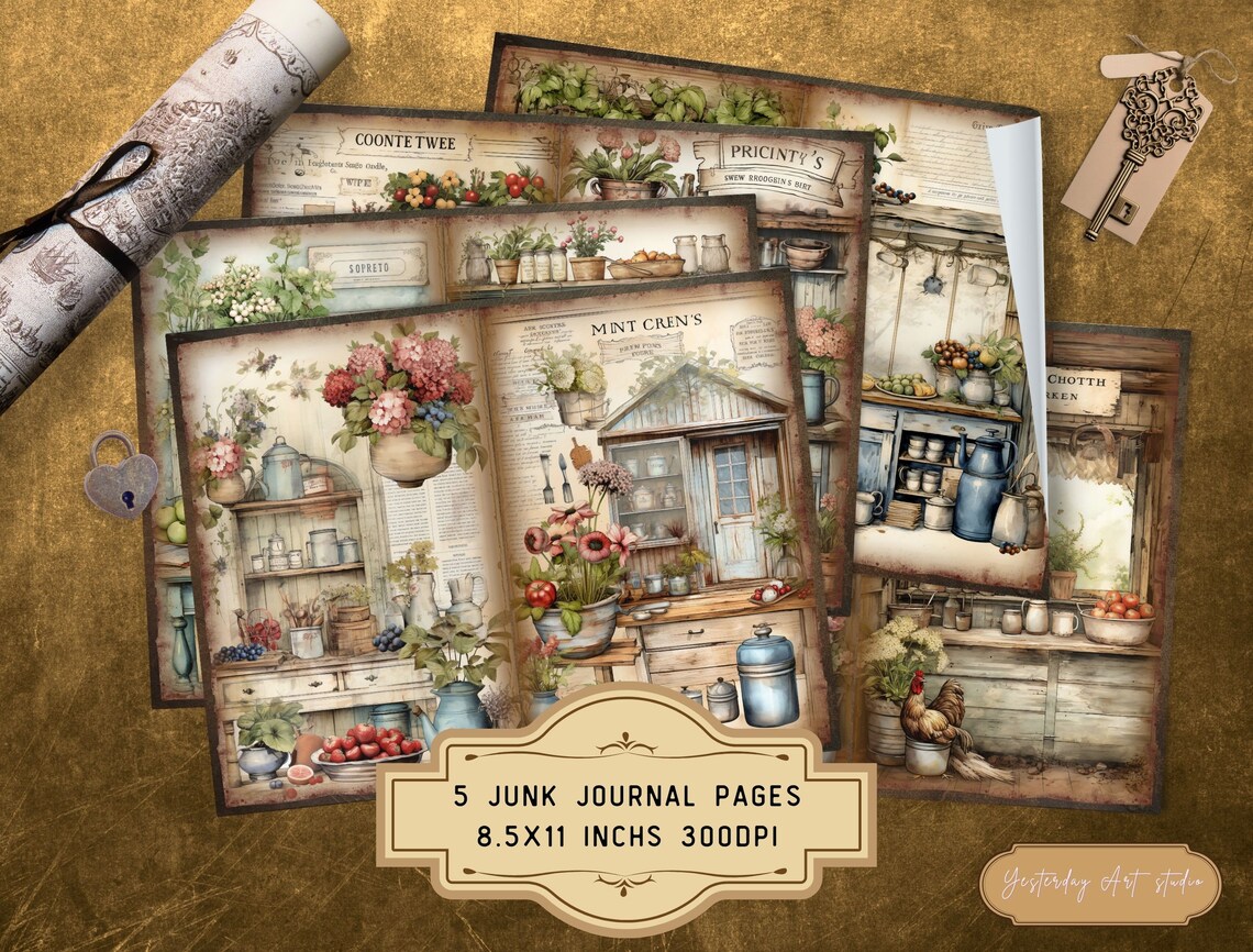 Country Kitchen Junk Journal Pages Ephemera Digital Scrapbook Paper Kit ...