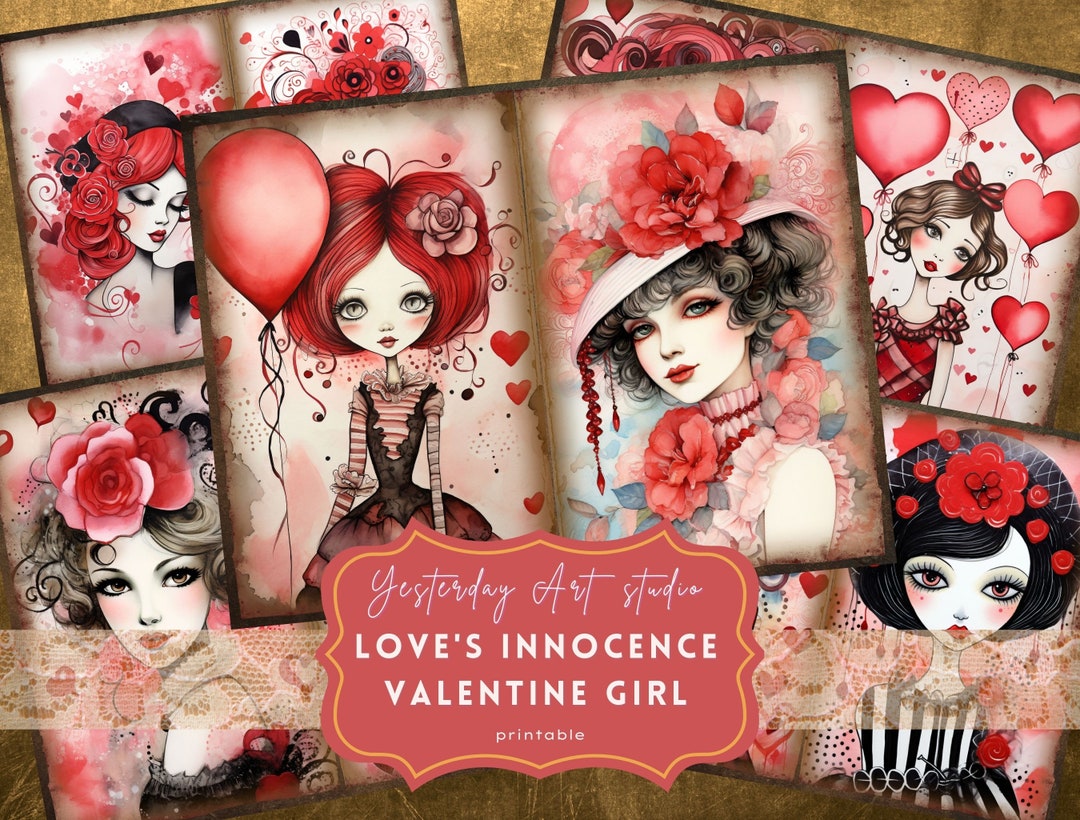Valentine Girl Junk Journal Page Ephemera Digital Scrapbook Valentine ...