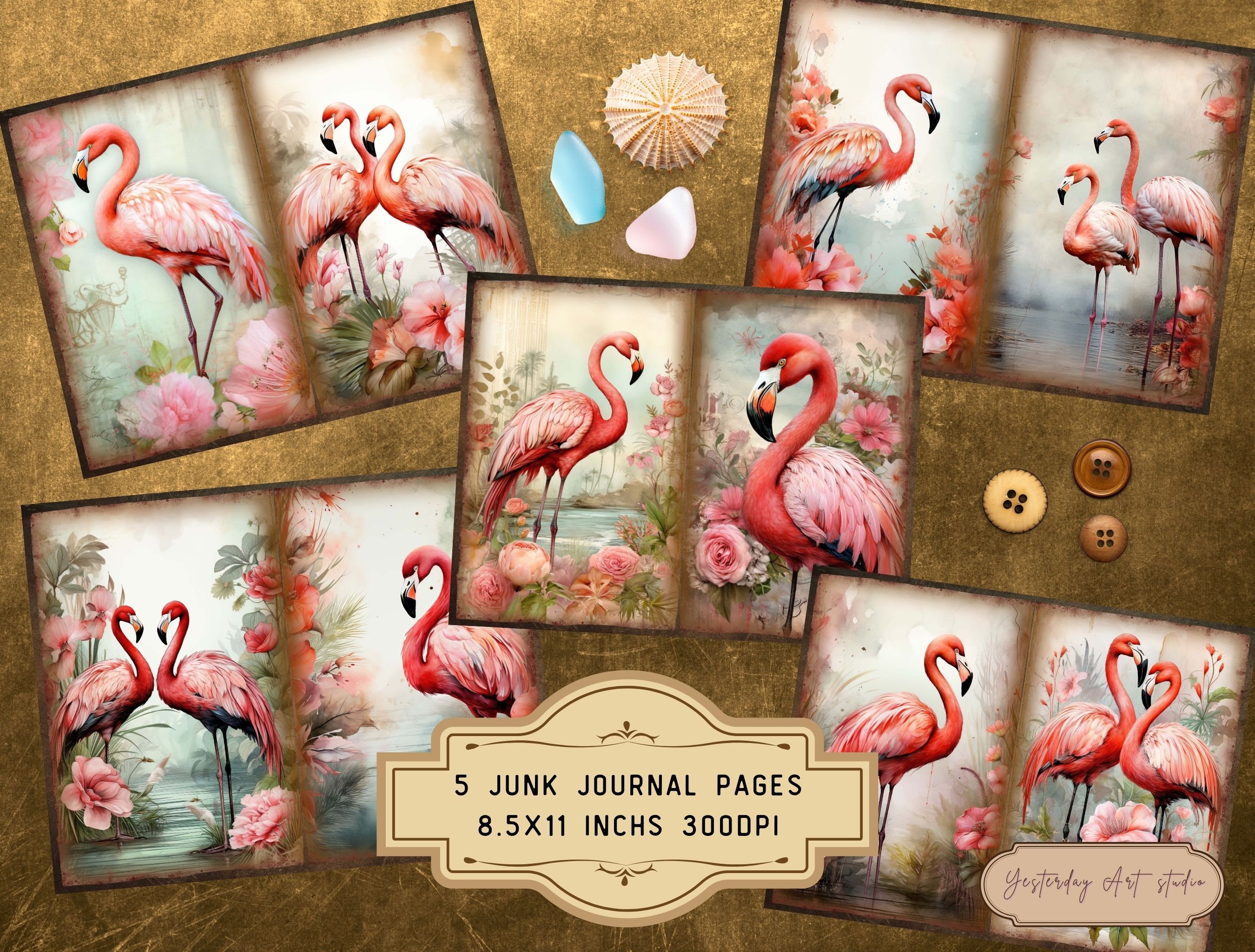 Flamingo Junk Journal Pagers Digital Scrapbook Paper Kit Ephemera ...