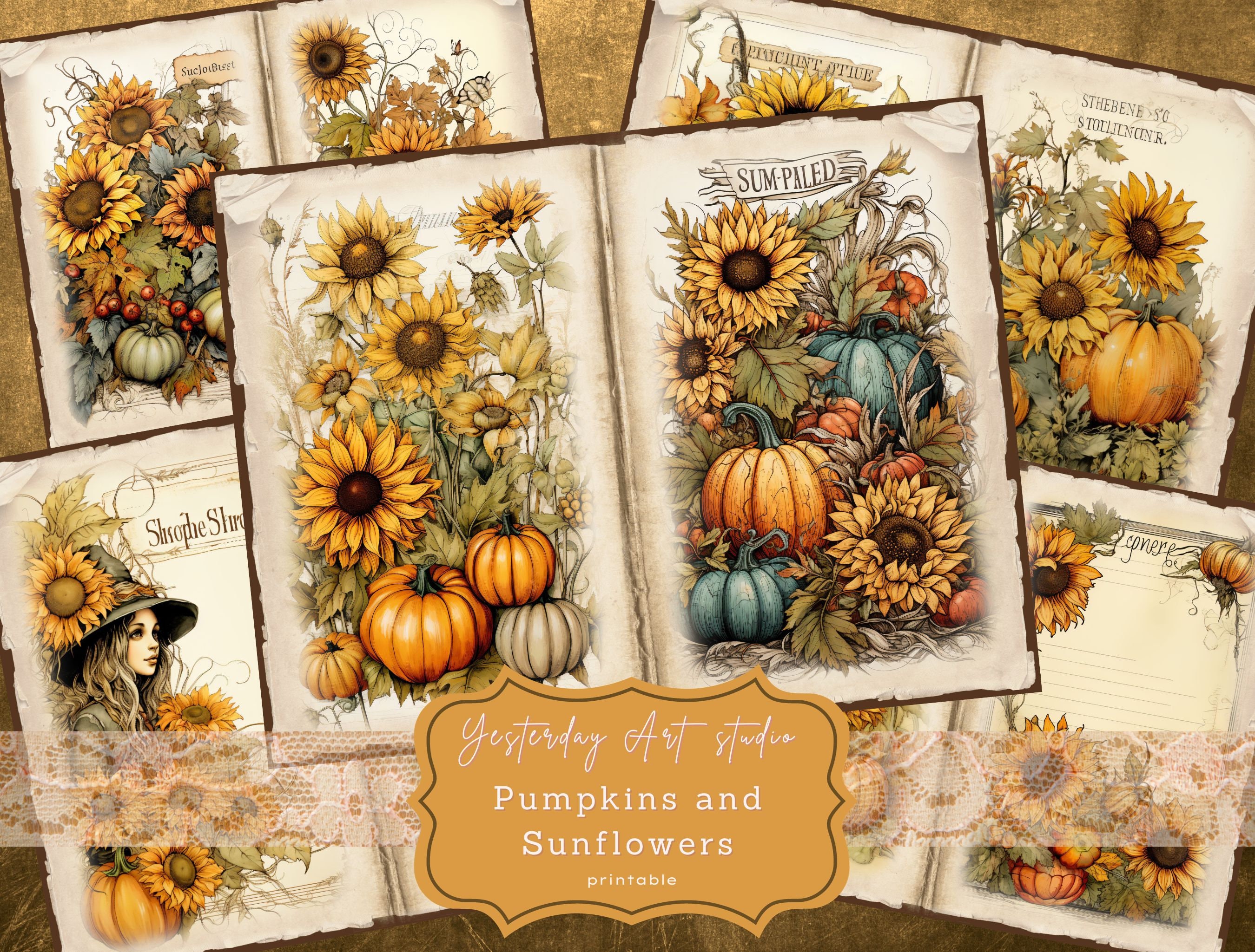 Pumpkin Junk Journal Pages Digital Scrapbook Paper Kit Vintage Ephemera ...