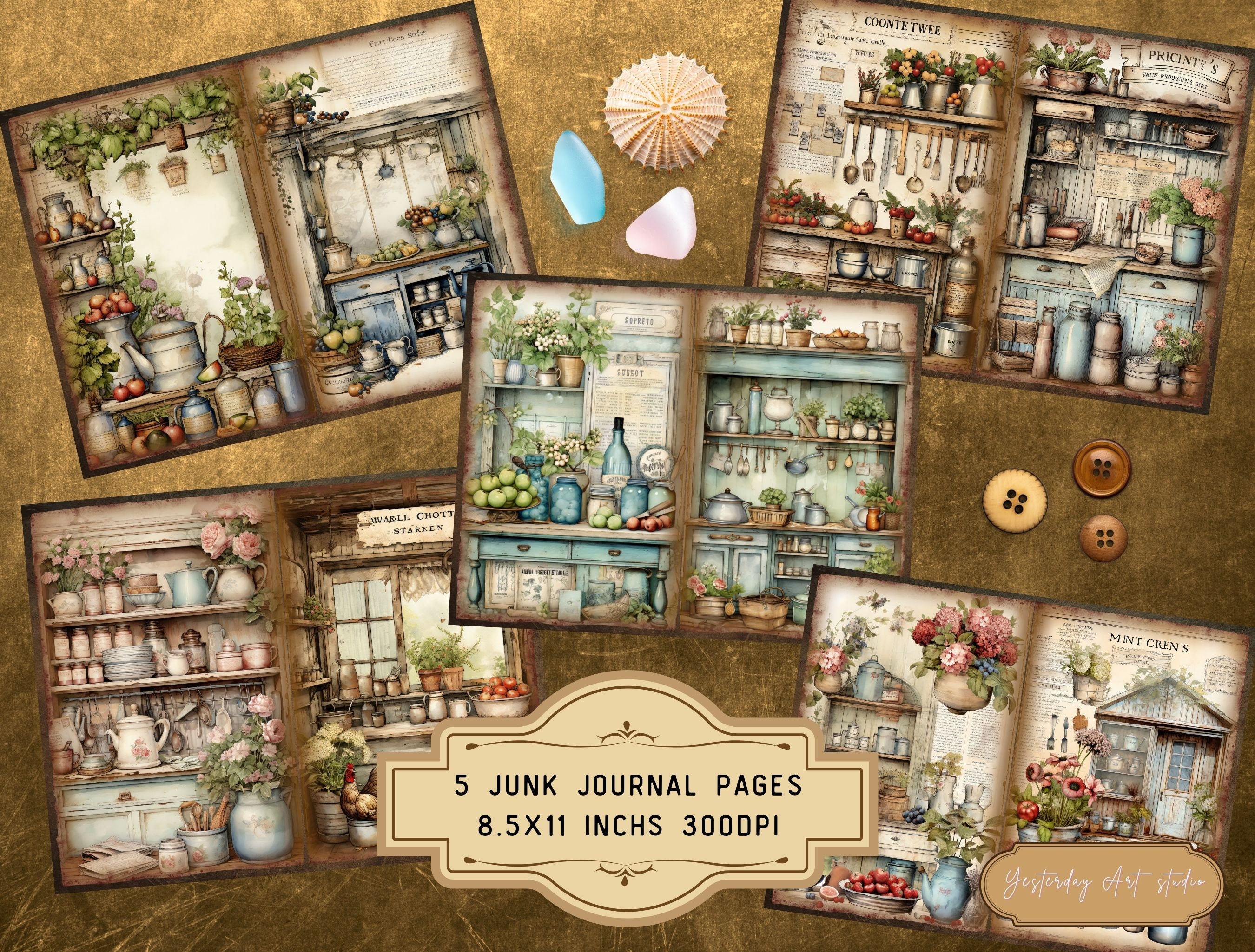 Country Kitchen Junk Journal Pages Ephemera Digital Scrapbook Paper Kit ...