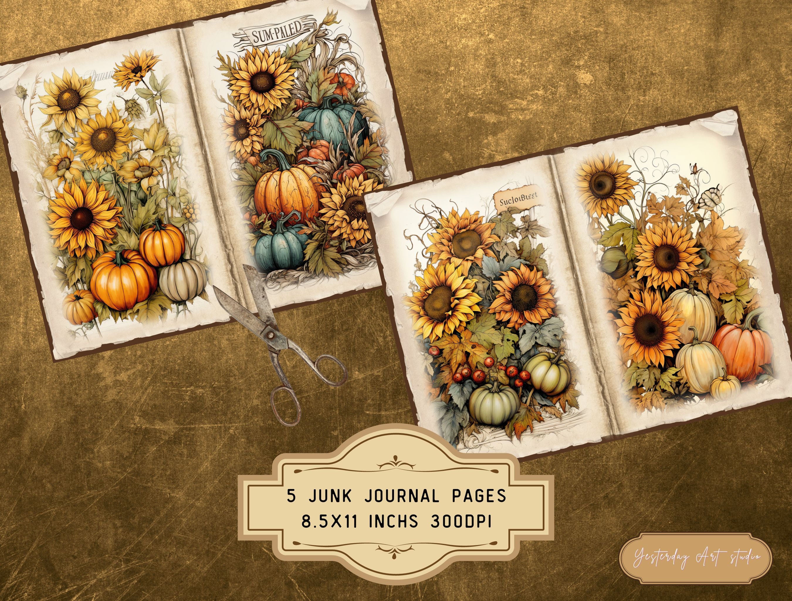 Pumpkin Junk Journal Pages Digital Scrapbook Paper Kit Vintage Ephemera ...