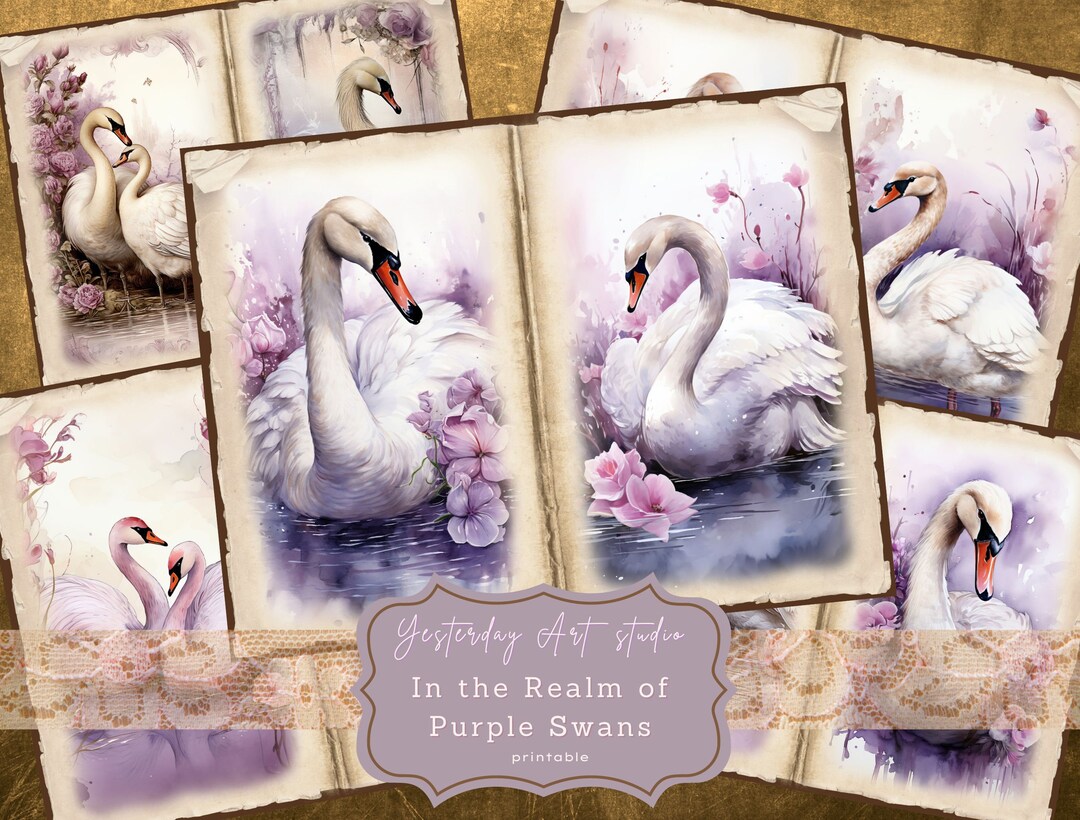 Watercolor Purple Enchanted Swans Junk Journal Pages Digital Scrapbook ...