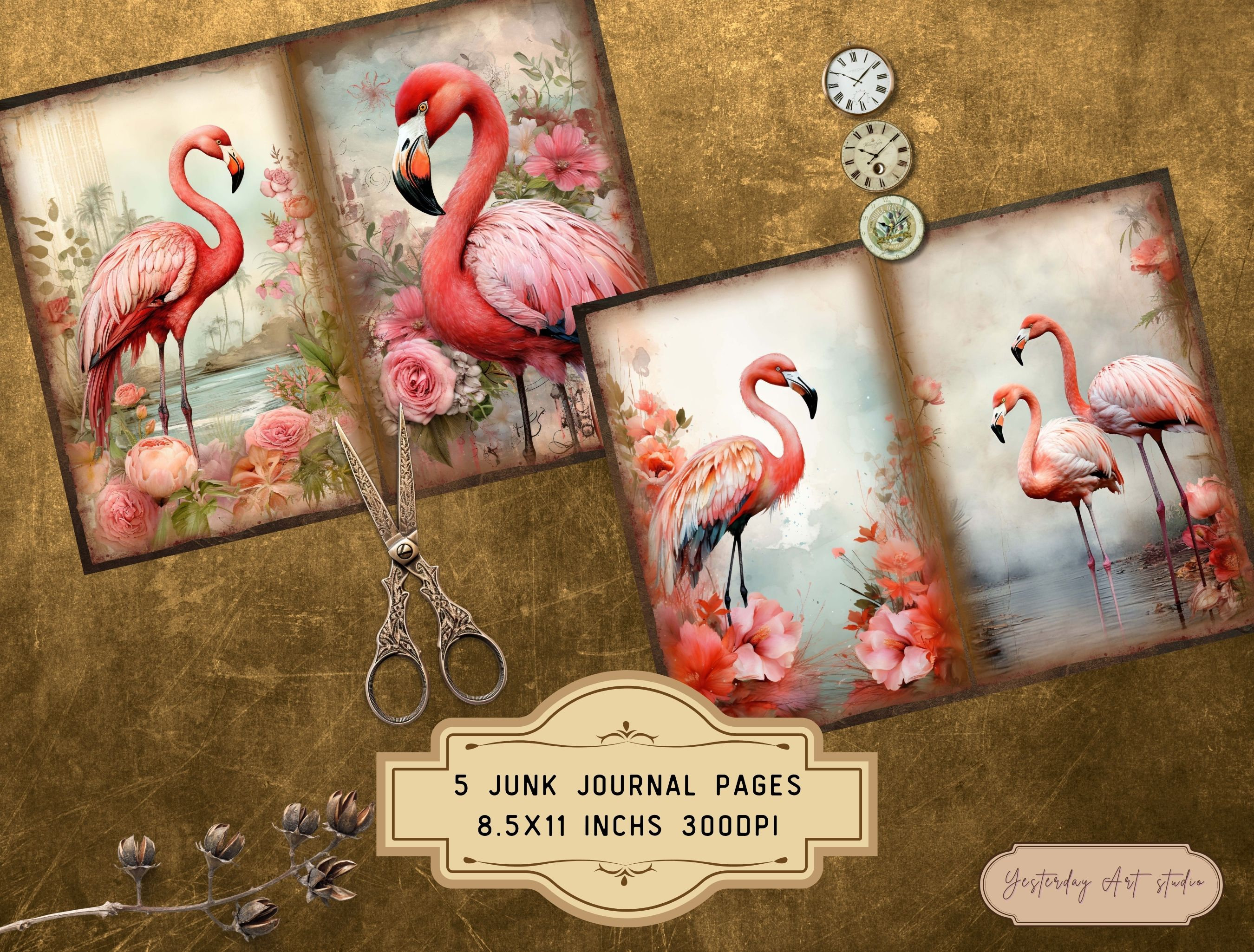 Flamingo Junk Journal Pagers Digital Scrapbook Paper Kit Ephemera ...