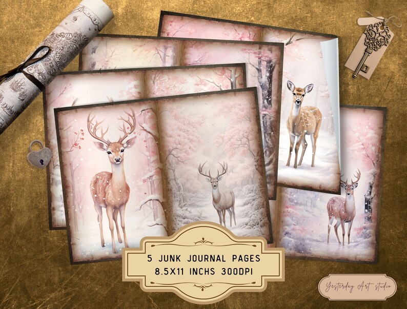 Pink Winter Deer Junk Journal Pages Winter Ephemera Digital Scrapbook ...