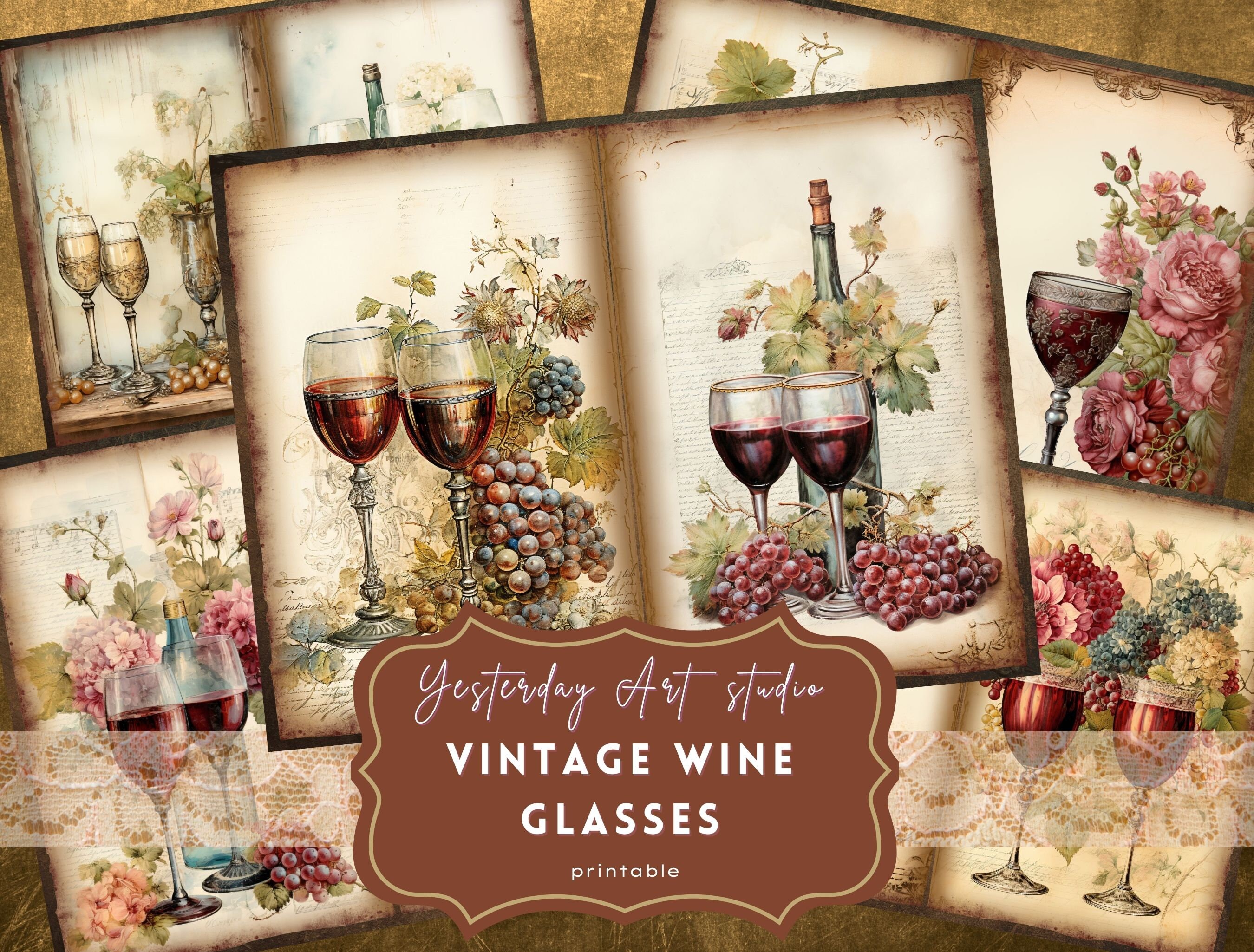 Vintage Wine Glasses Junk Journal Pagers Ephemera Digital Scrapbook ...