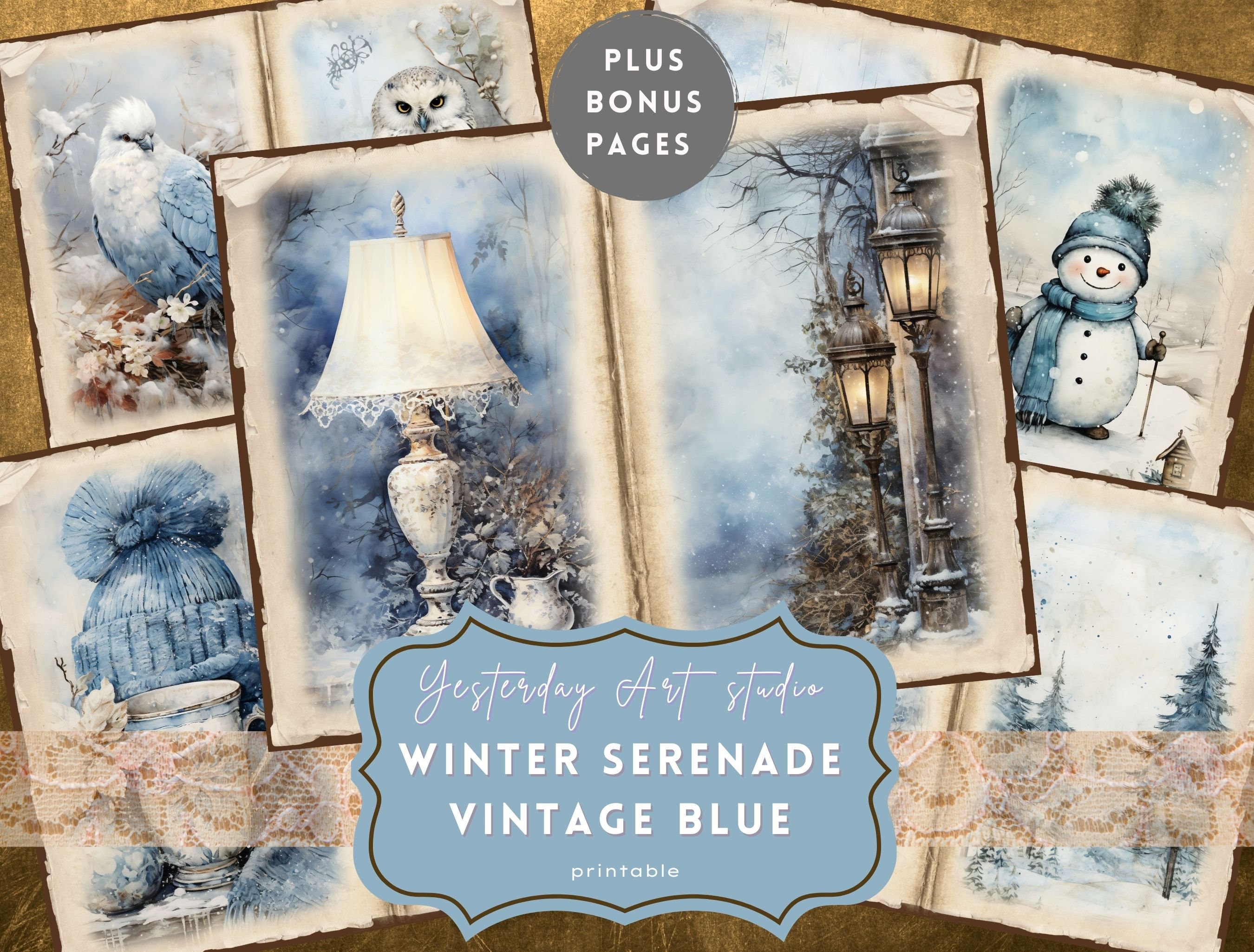 Blue Winter Journal Pages Digital Scrapbook Paper Kit Vintage Ephemera ...