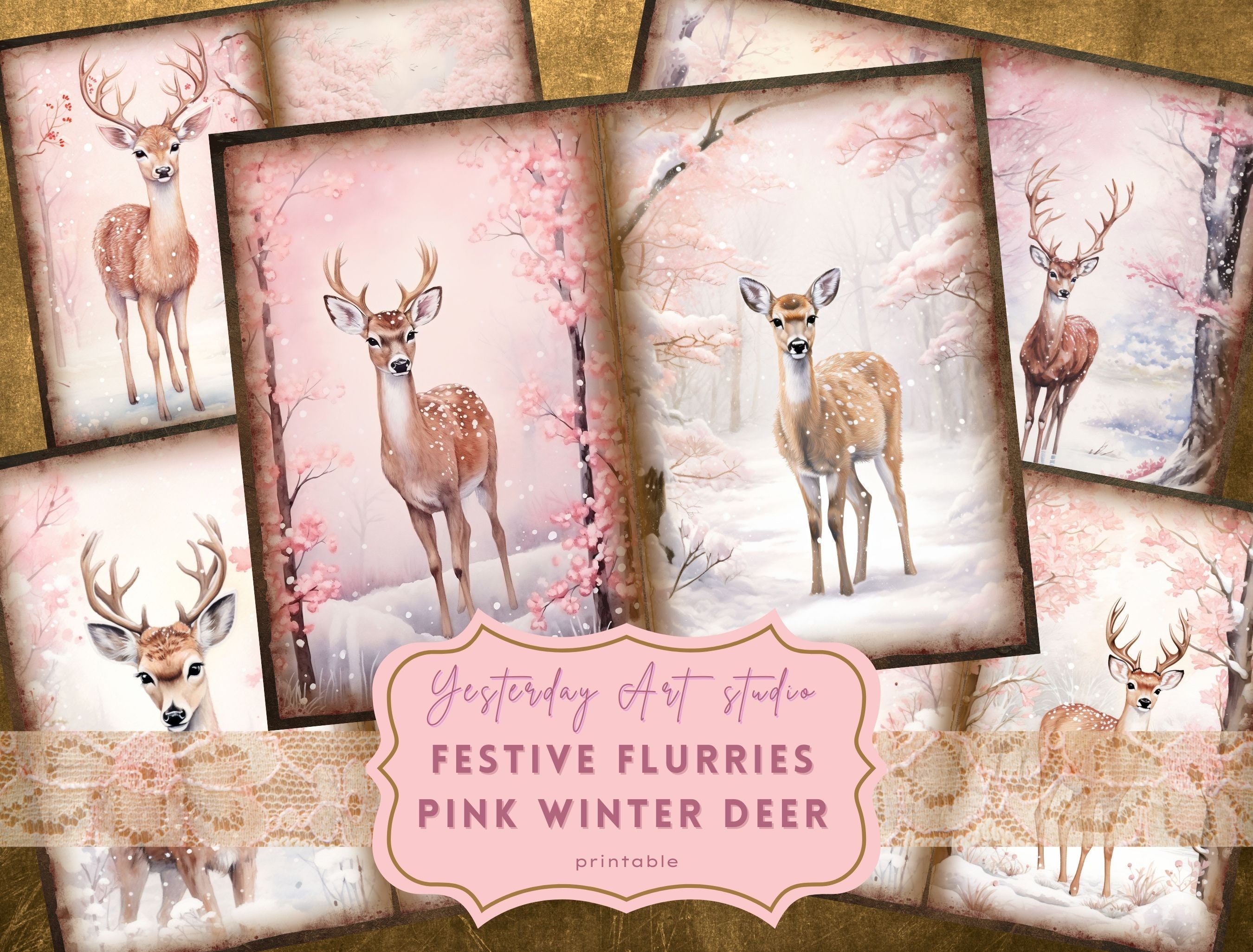 Pink Winter Deer Junk Journal Pages Winter Ephemera Digital Scrapbook ...