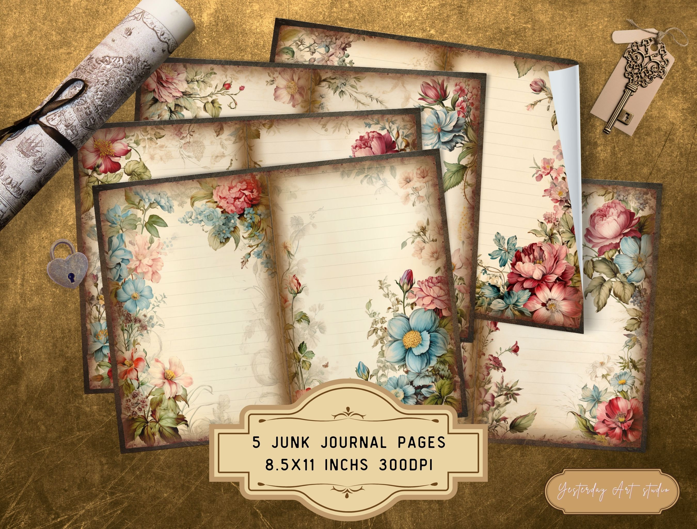 Vintage Floral Journal Pages Shabby Junk Journal Kit Line Blank Papers ...
