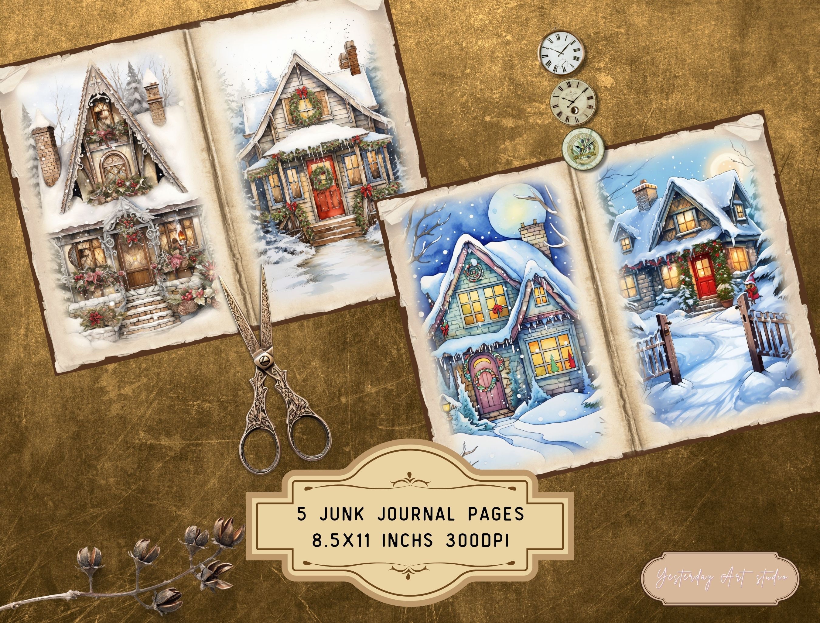 Winter Cottage Junk Journal Pages Printable Background Papers Winter ...