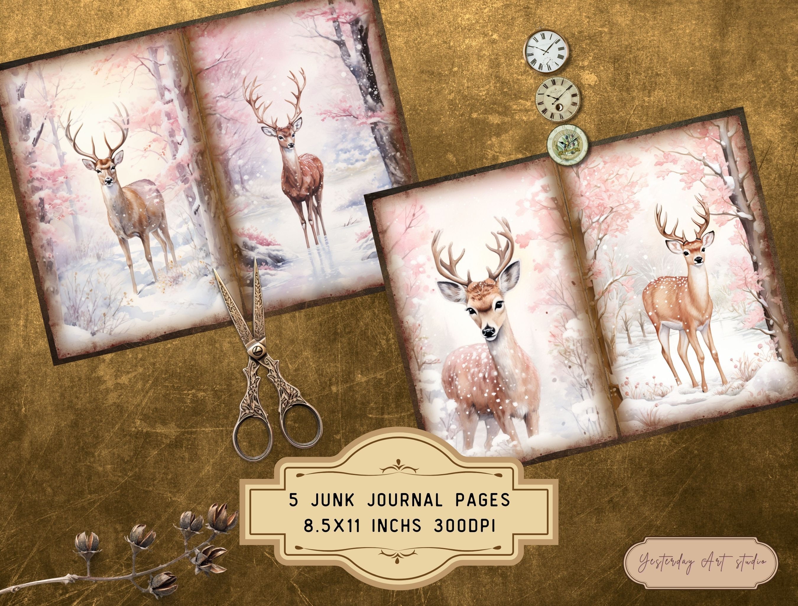Pink Winter Deer Junk Journal Pages Winter Ephemera Digital Scrapbook ...