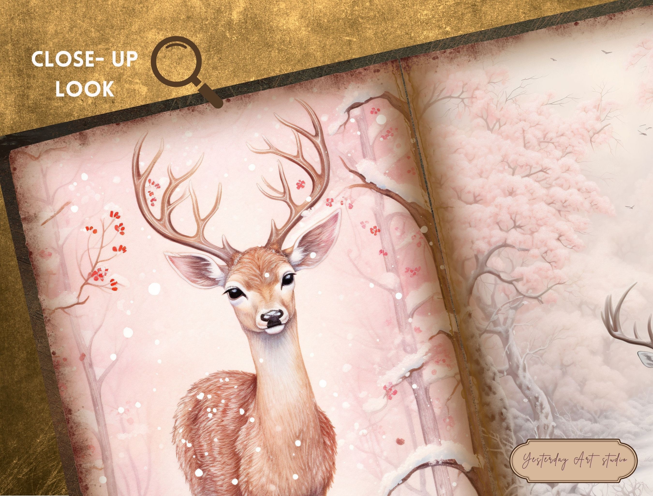 Pink Winter Deer Junk Journal Pages Winter Ephemera Digital Scrapbook ...