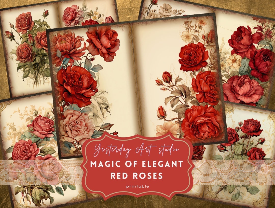 Elegant Red Roses Junk Journal Page Ephemera Digital Scrapbook Red Rose ...