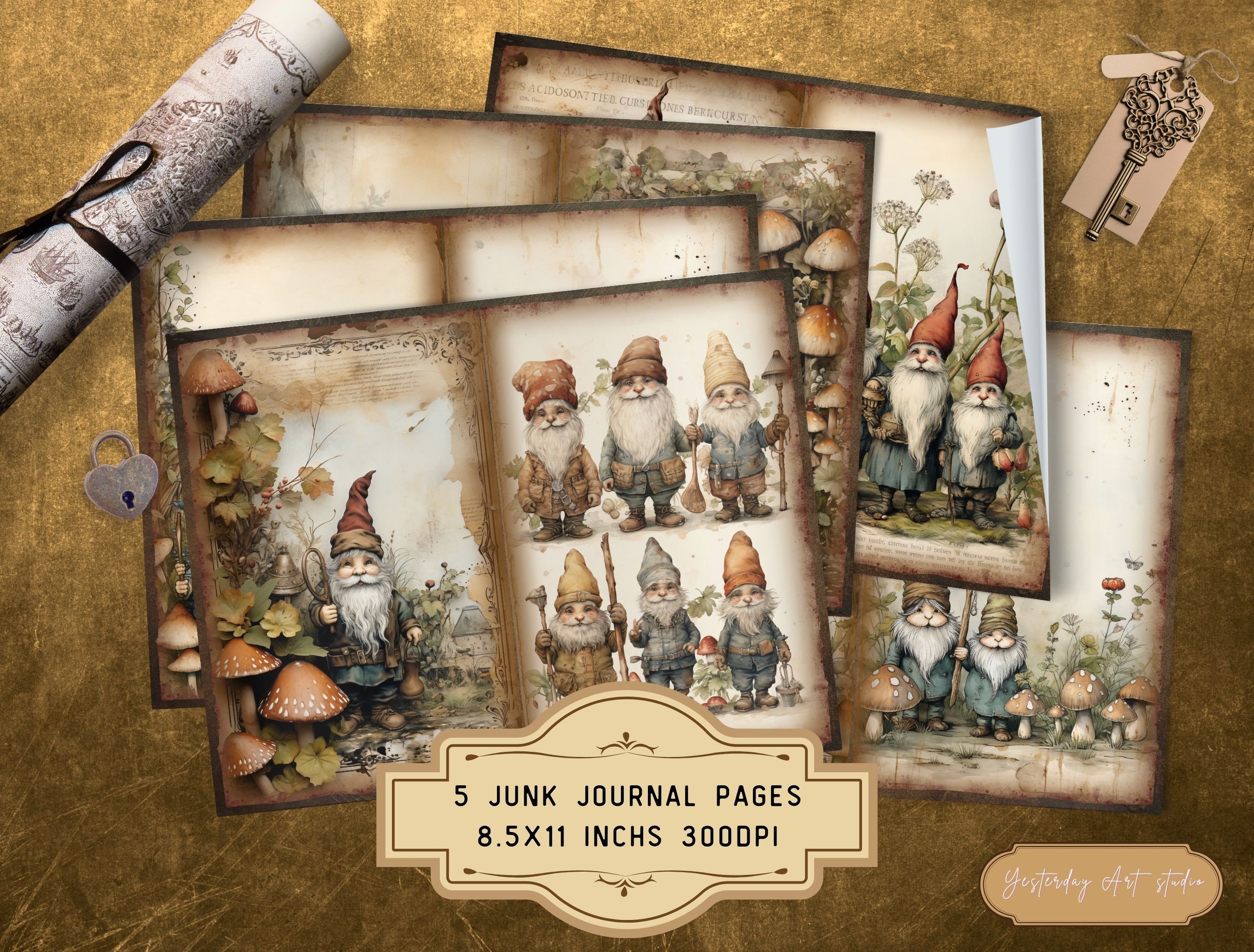 Gnome Junk Journal Pages Ephemera Digital Scrapbook Paper Kit Collage ...