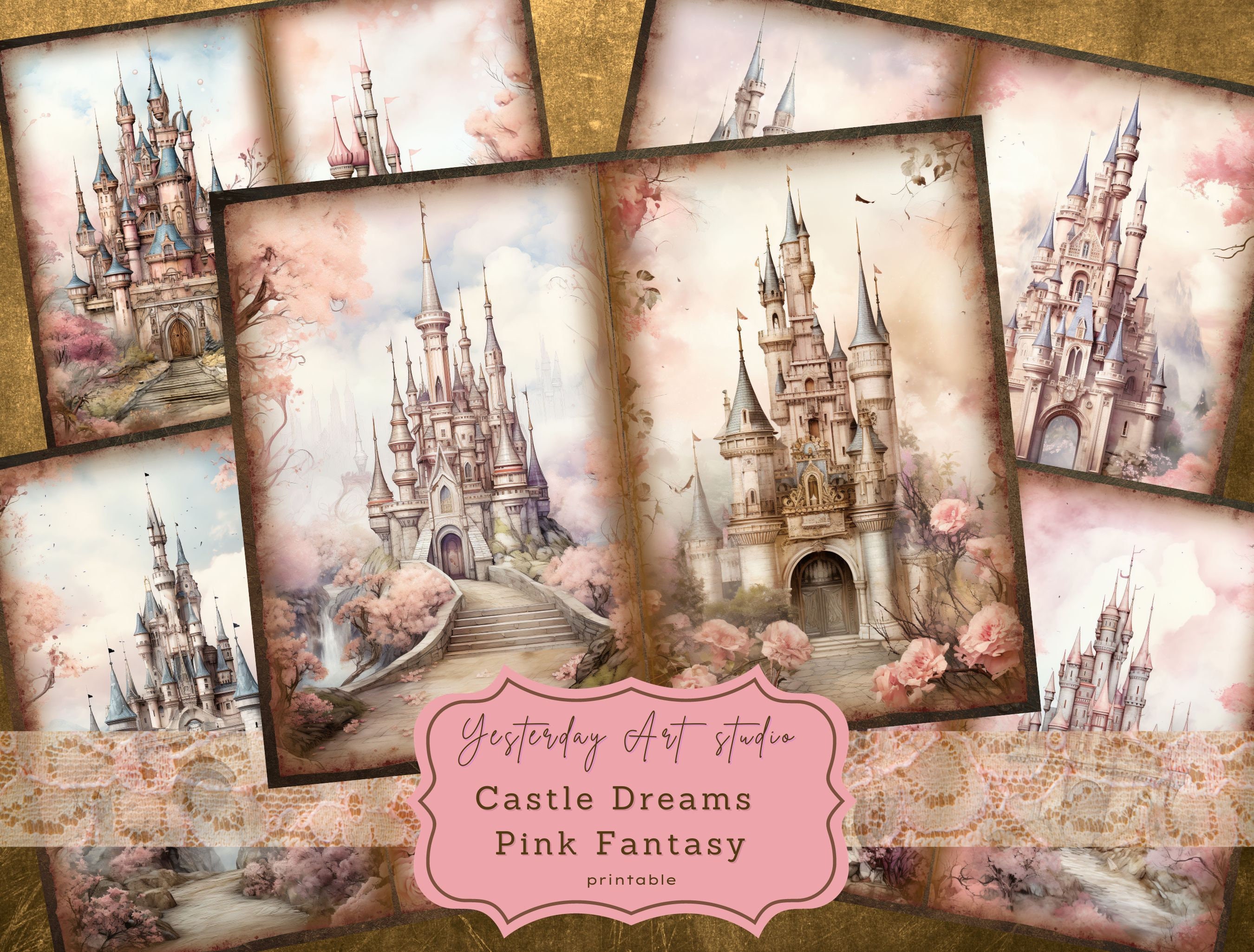 Pink Fantasy Castle Junk Journal Pages Ephemera Digital Scrapbook Paper ...