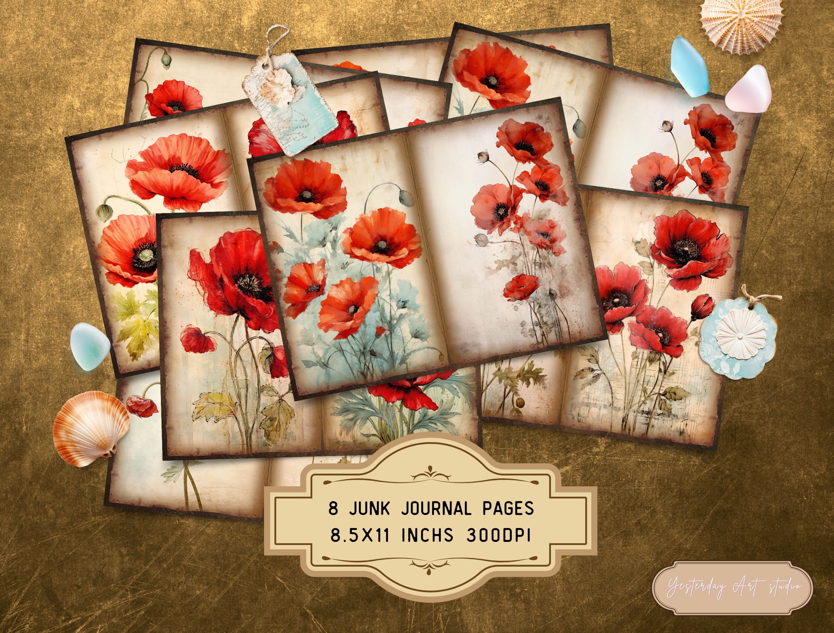 Poppy Junk Journal Kit Junk Journal Poppies Pages Digital Scrapbook Kit ...