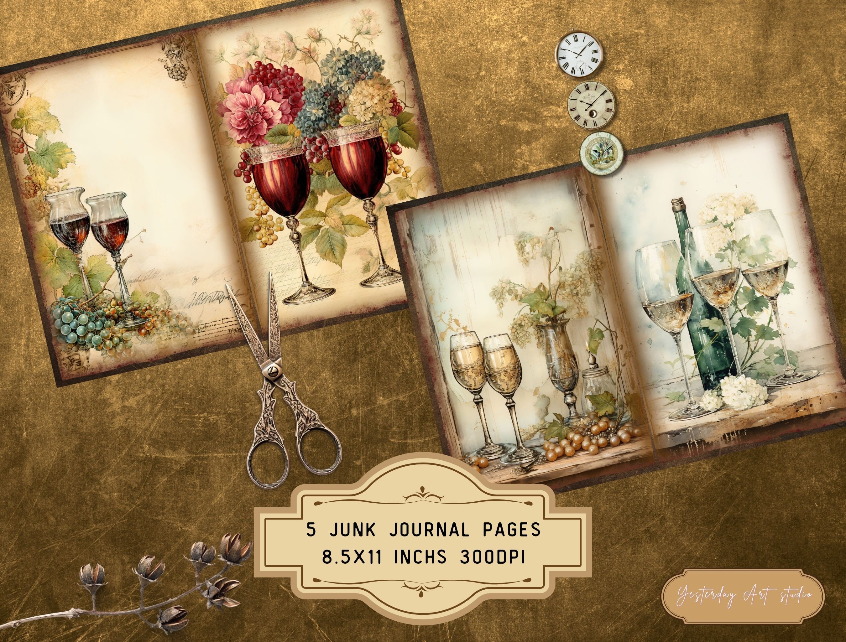 Vintage Wine Glasses Junk Journal Pagers Ephemera Digital Scrapbook ...