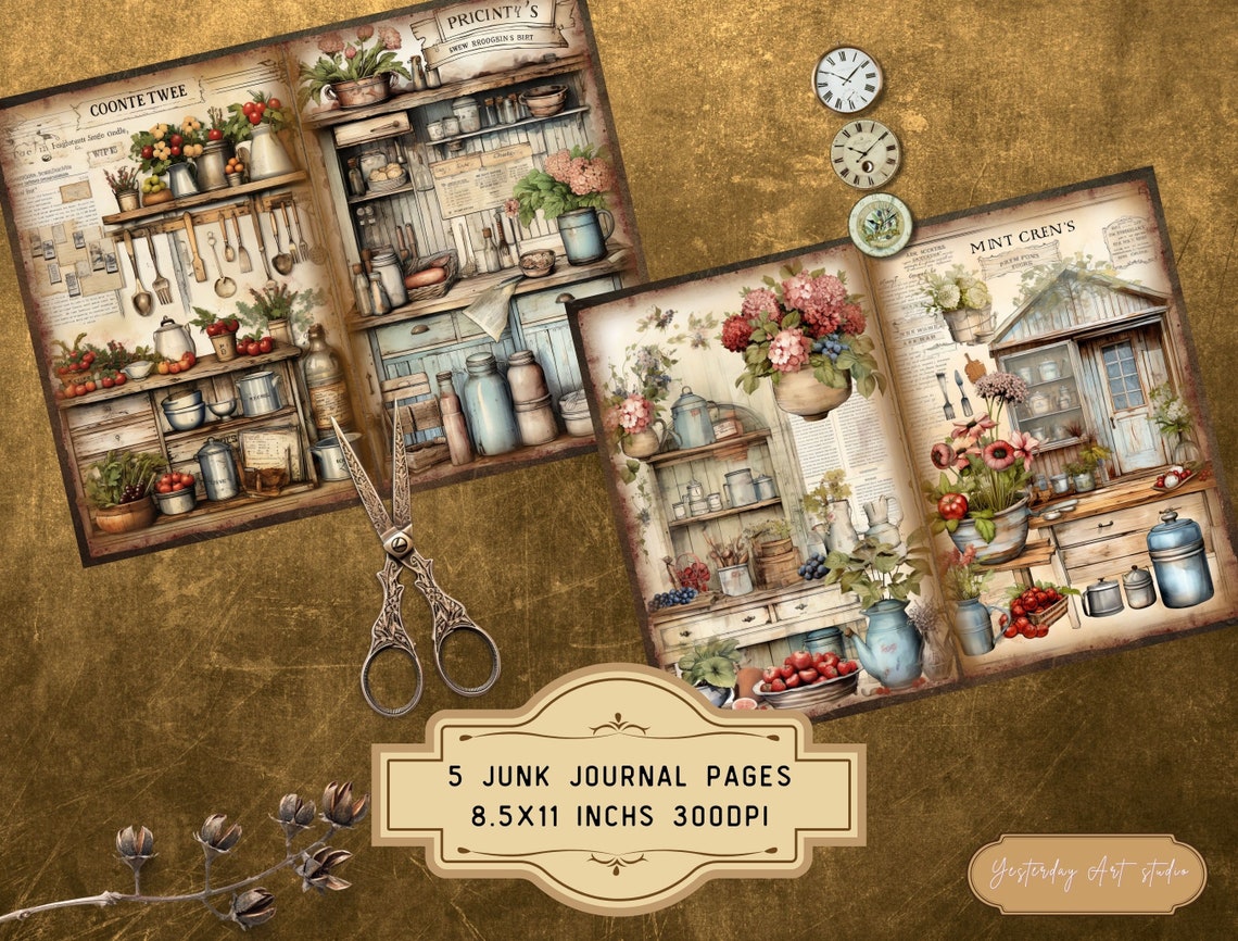 Country Kitchen Junk Journal Pages Ephemera Digital Scrapbook Paper Kit ...