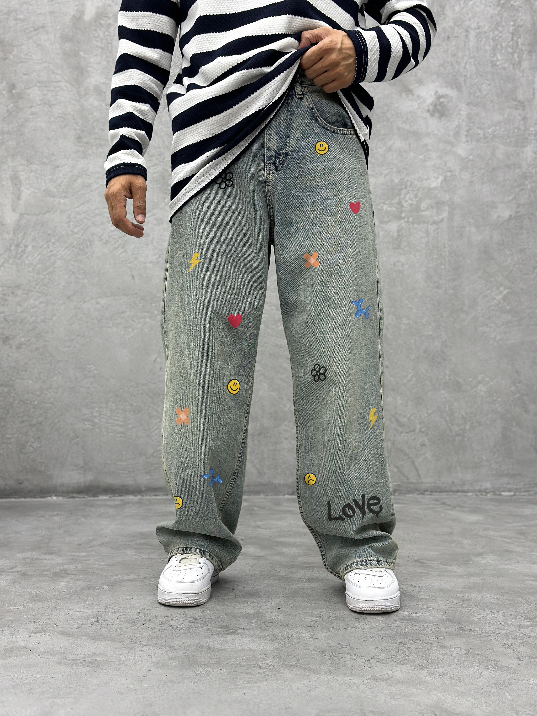 Printed Baggy Jeans , Vintage Jeans for Man , Retro 90s, Loose Fit ...