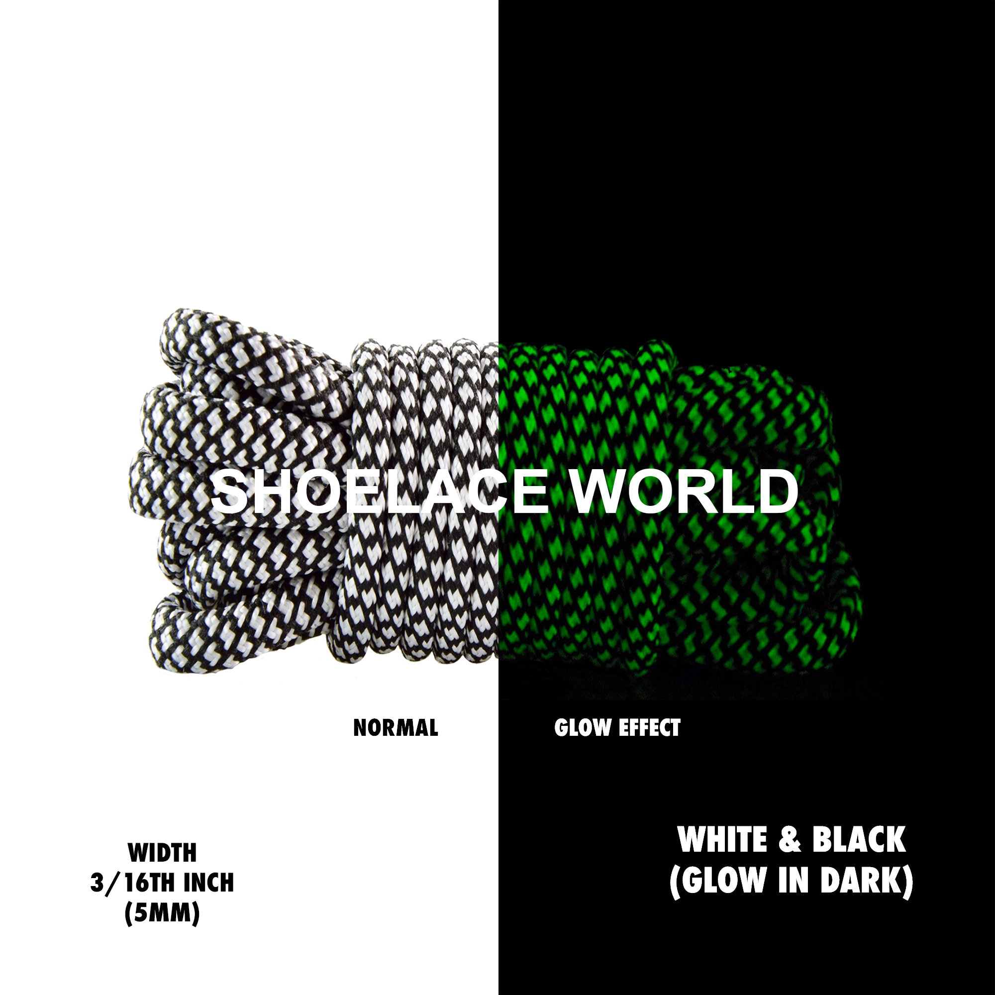 White & Black Glow in Dark Rope Shoelaces 3/16 Inch Two Tone Dual ...