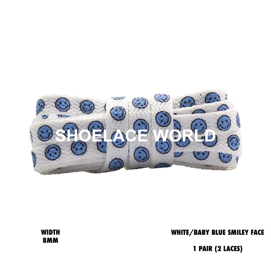 White / Baby Blue Smiley Face Print Flat Shoelaces 8mm Colorful Printed ...