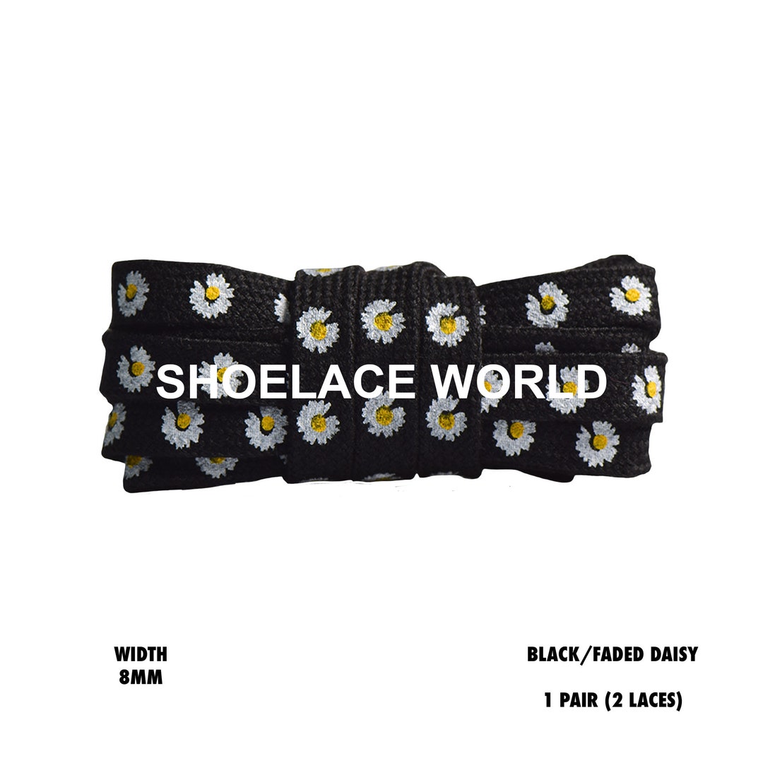 Black / Faded Daisy Print Flat Shoelaces 8mm Colorful Printed Laces ...