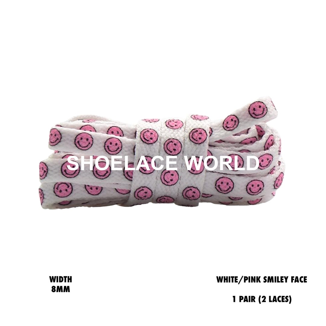 White / Pink Smiley Face Print Flat Shoelaces 8mm Colorful Printed ...