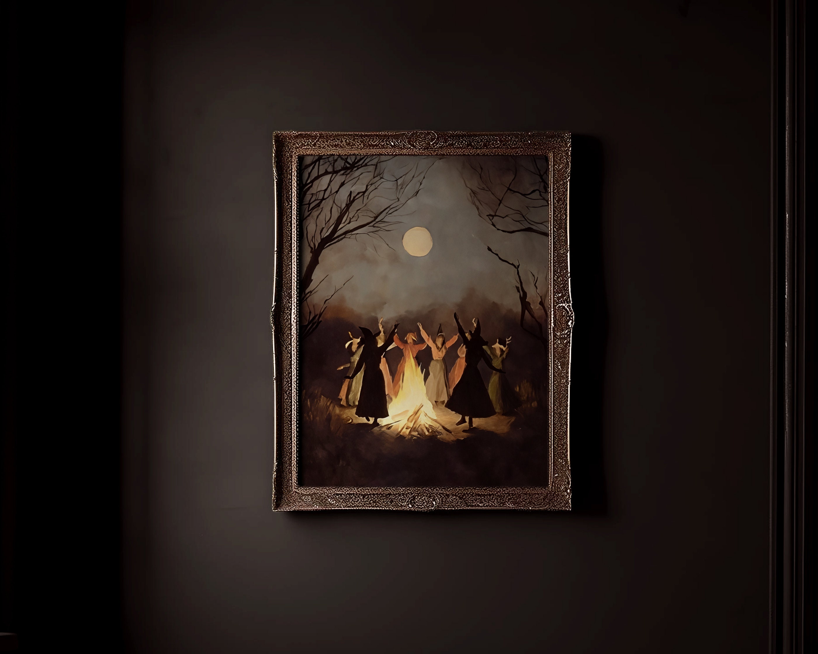 Witches Dancing Around Fire Art Poster Print Vintage Poster Goblincore Witch Aesthetic Dark